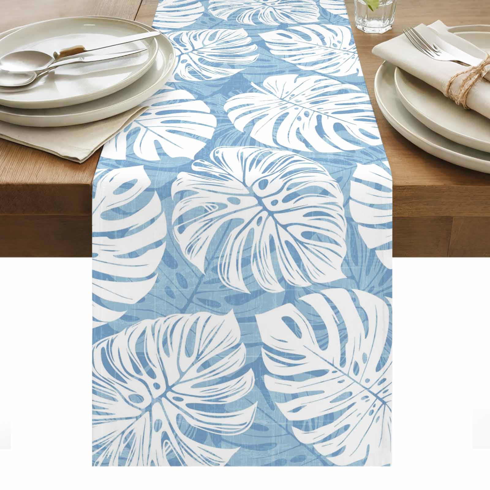 Blue Leaf Cotton Linen Table Runner Tropical Country Nautical ...