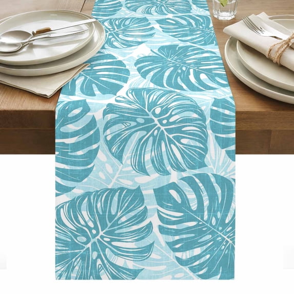 Blue Leaf Cotton Linen Table Runner Tropical Country Watercolor Jungle ...