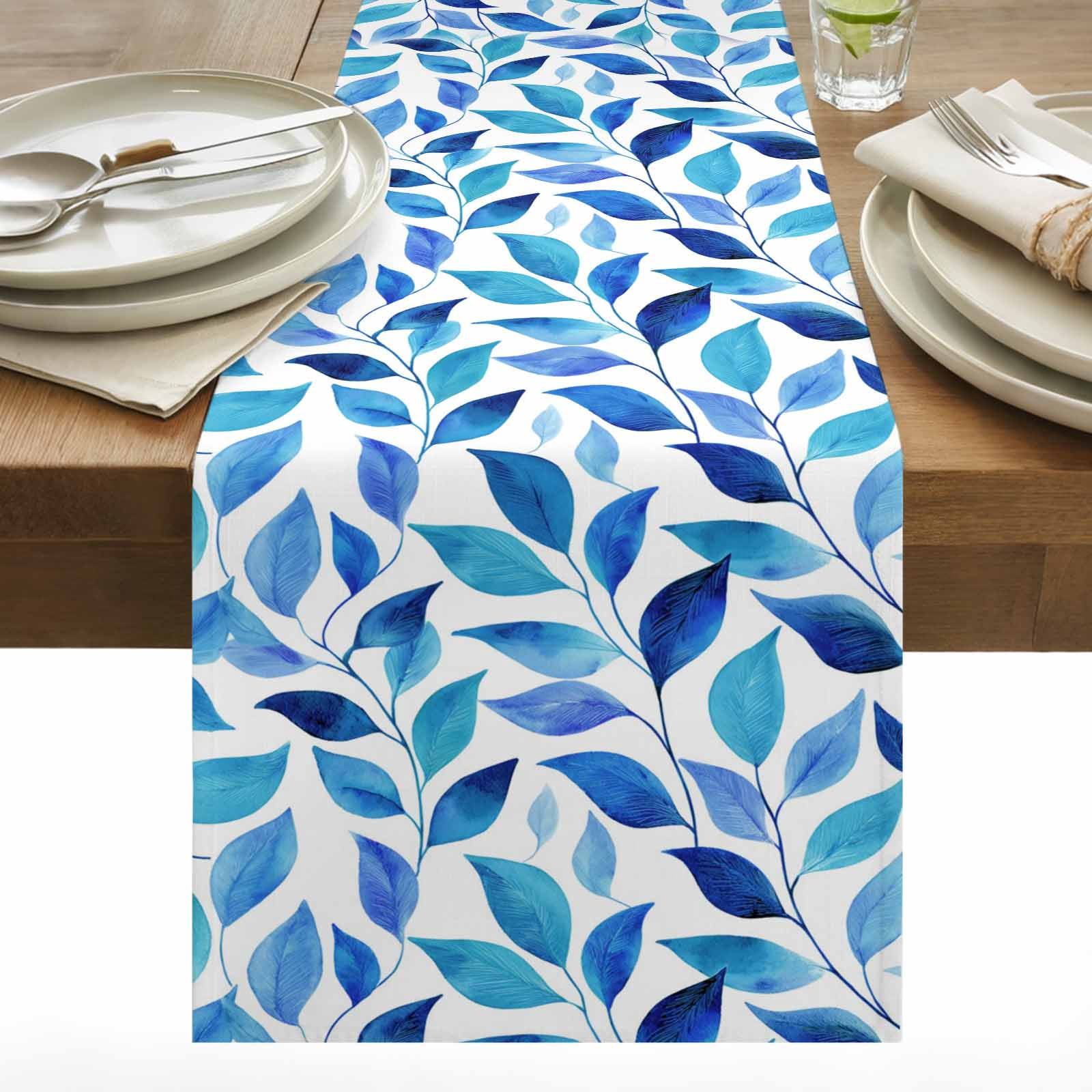Blue Leaf Cotton Linen Table Runner Watercolors Leaf Spring Plant ...