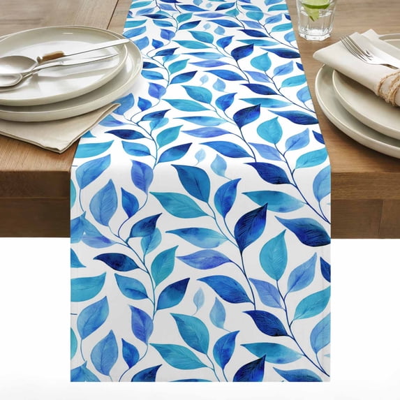 Blue Leaf Cotton Linen Table Runner Watercolors Leaf Spring Plant ...
