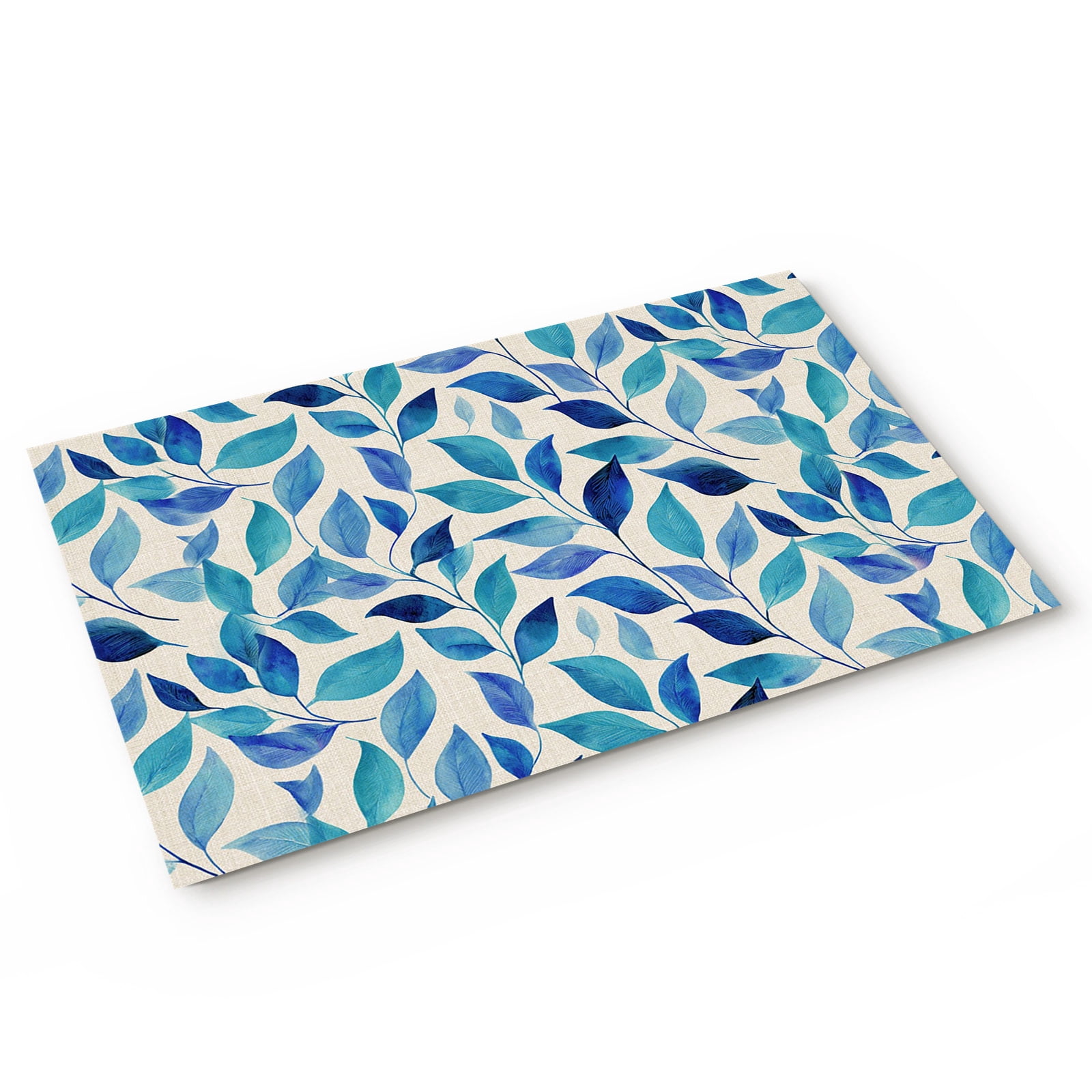 Blue Leaf Door Mat Watercolors Leaf Vintage Linen Texture Fields Non ...
