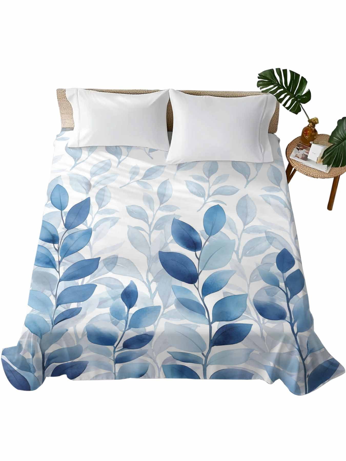 Blue Leaf Flat Sheets Only Queen Size, Soft Breathable Bed Top Sheets ...