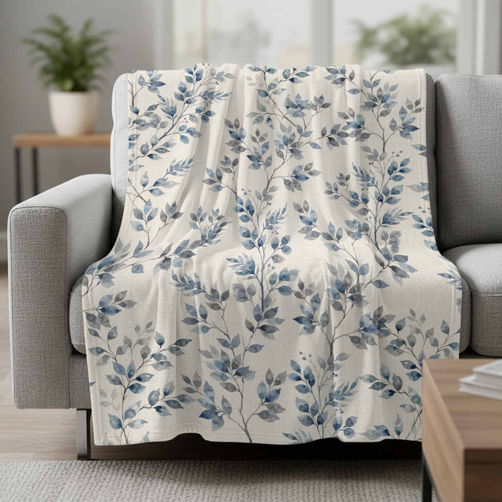 Blue Leaf Fleece Throw Blanket Vintage Gray Floral Vine Rustic Country ...