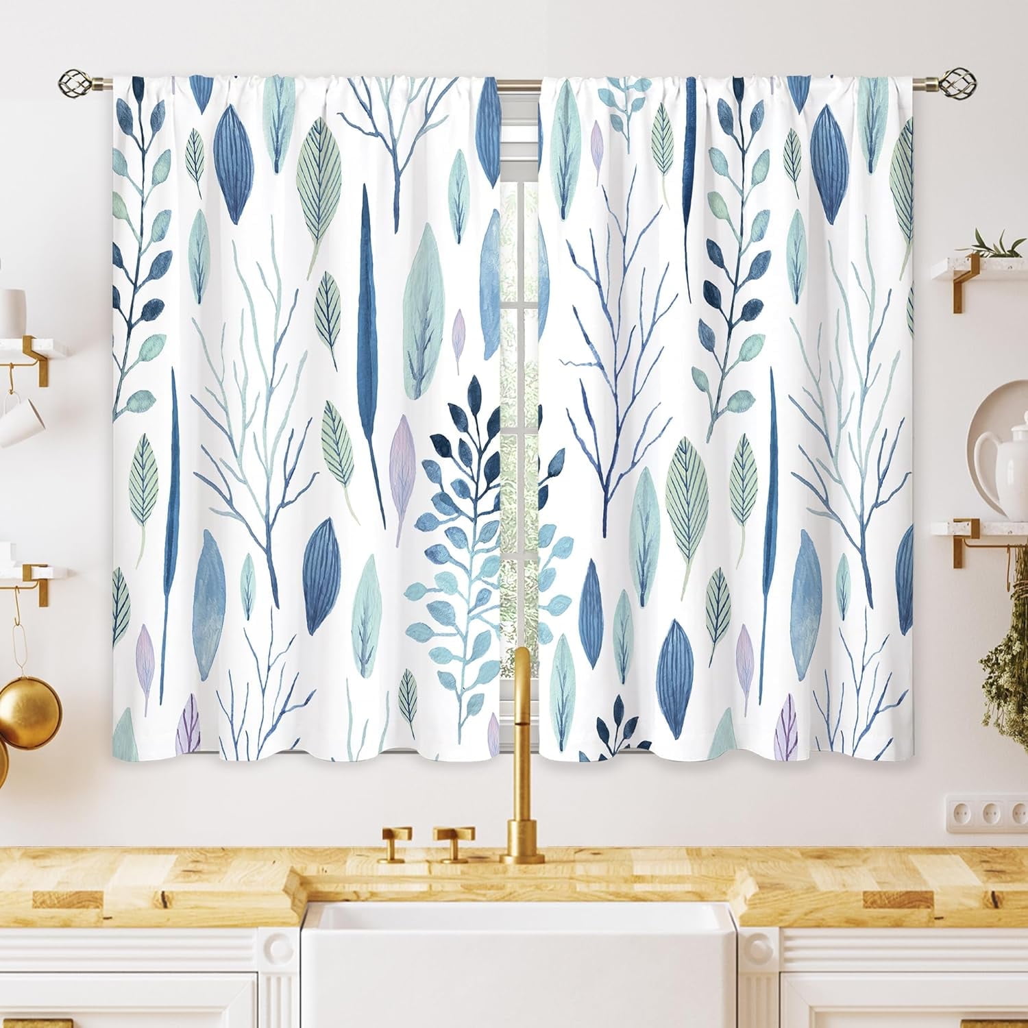 Blue Leaf Floral Small Kitchen Curtains Plant Window Treatment Tropical ...