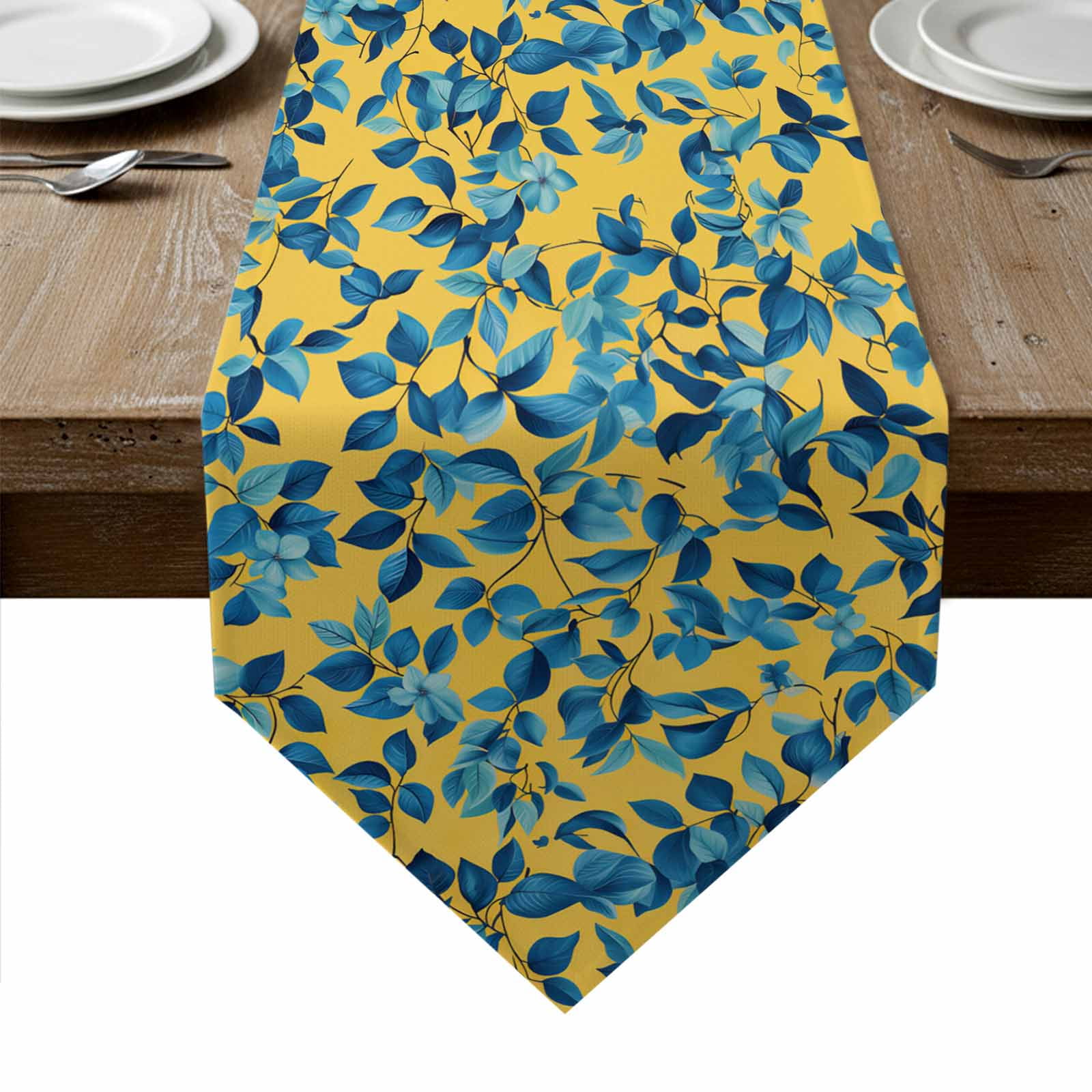 Blue Leaf Flower Table Runner Linen Burlap Table Runner 120 Inches Long ...