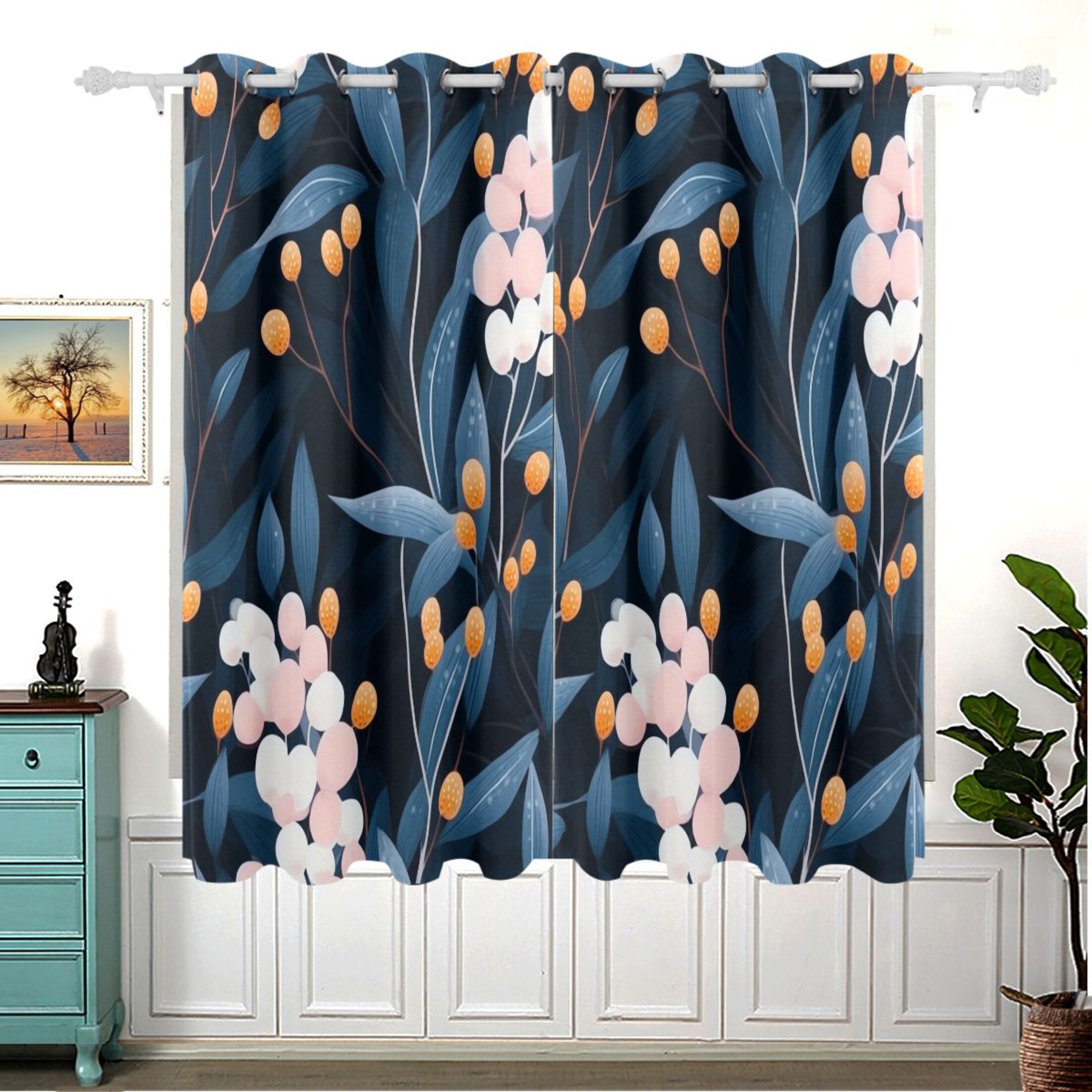 Blue Leaf Flower and Berry Blackout Curtains for Living Room Bedroom ...