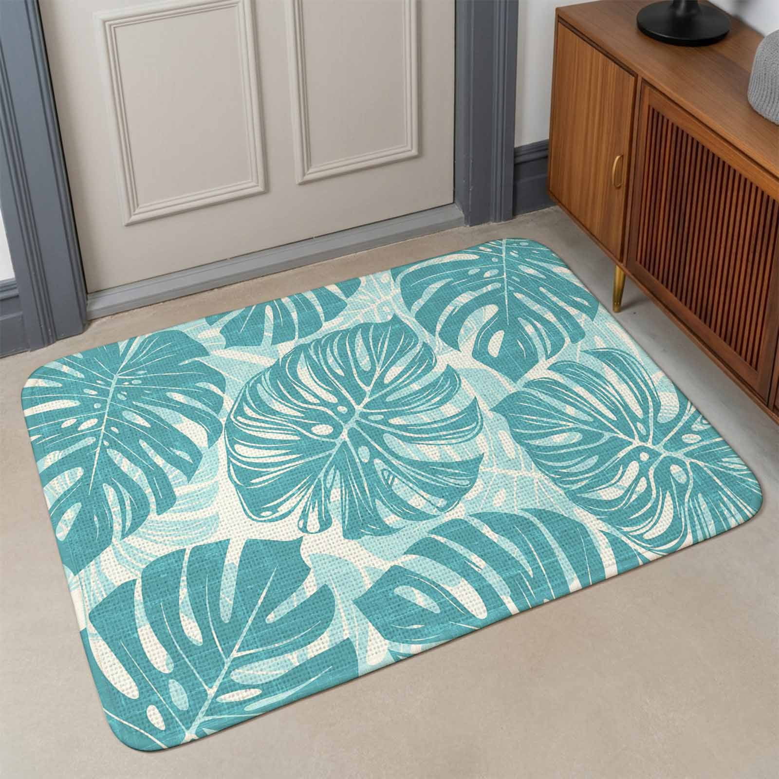 Blue Leaf Front Door Mat Indoor Entrance, Tropical Country Watercolor ...