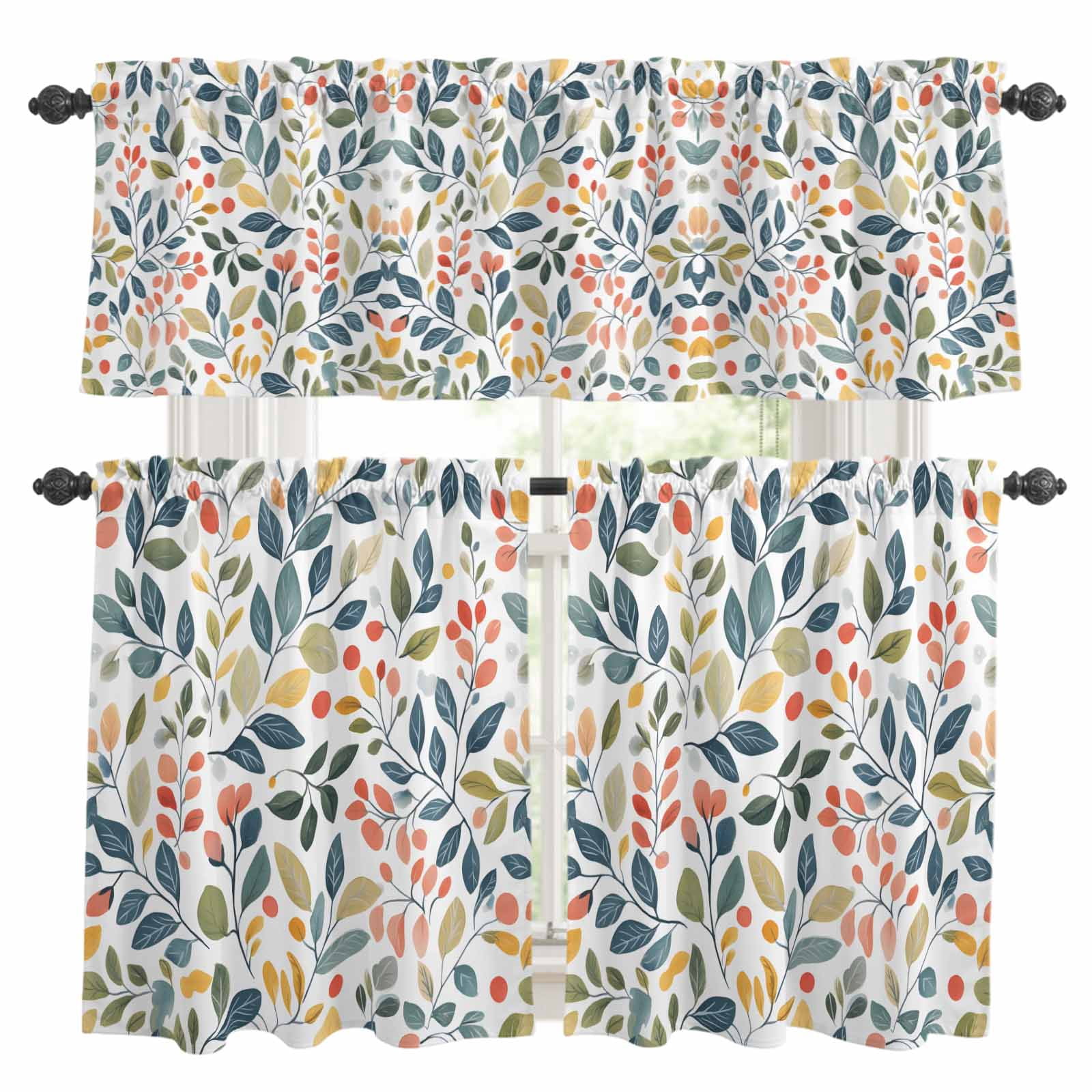 Blue Leaf Kitchen Curtains Set for Windows, Colorful Leaves Pastoral ...