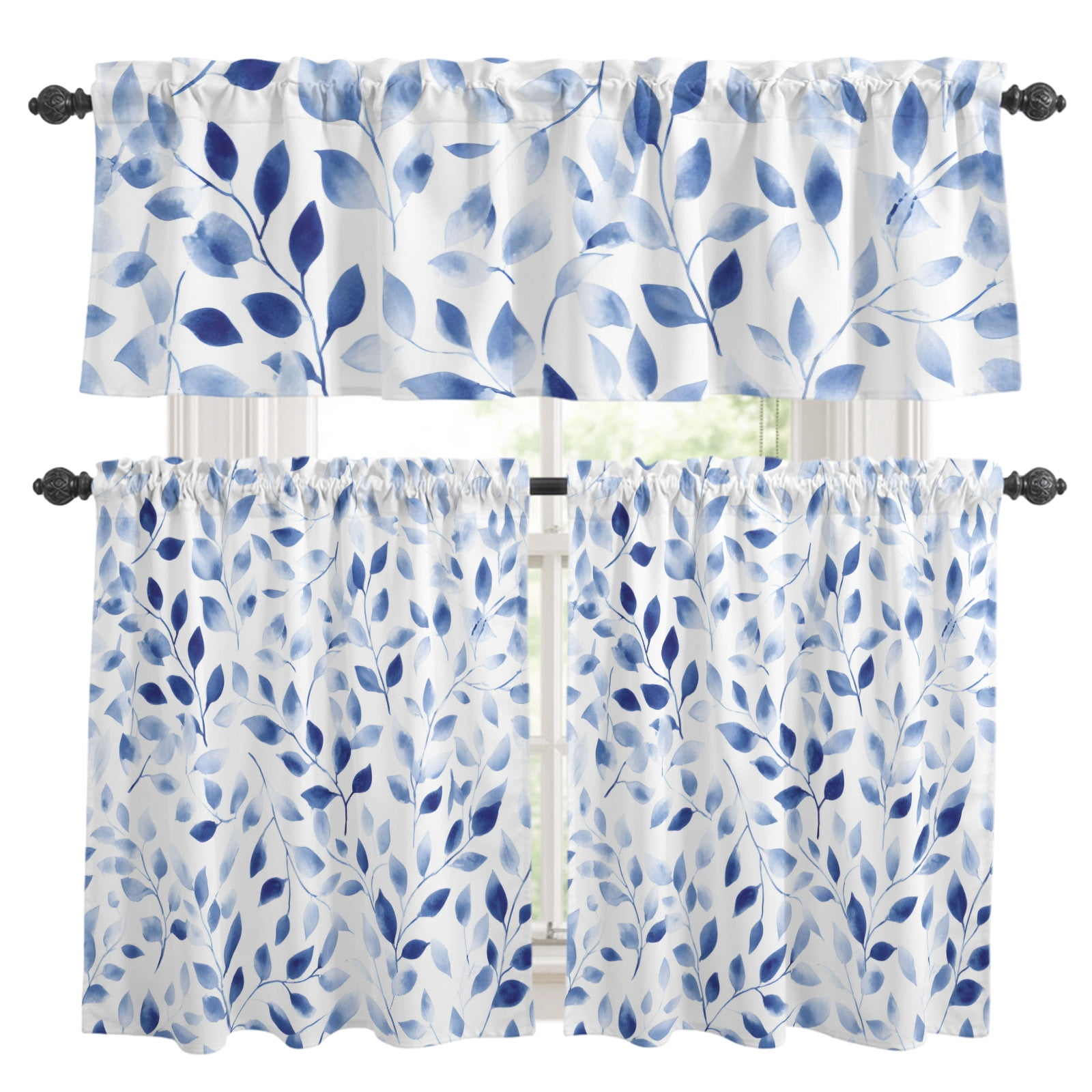 Blue Leaf Kitchen Curtains Set for Windows, Gradient Abstract Plants ...