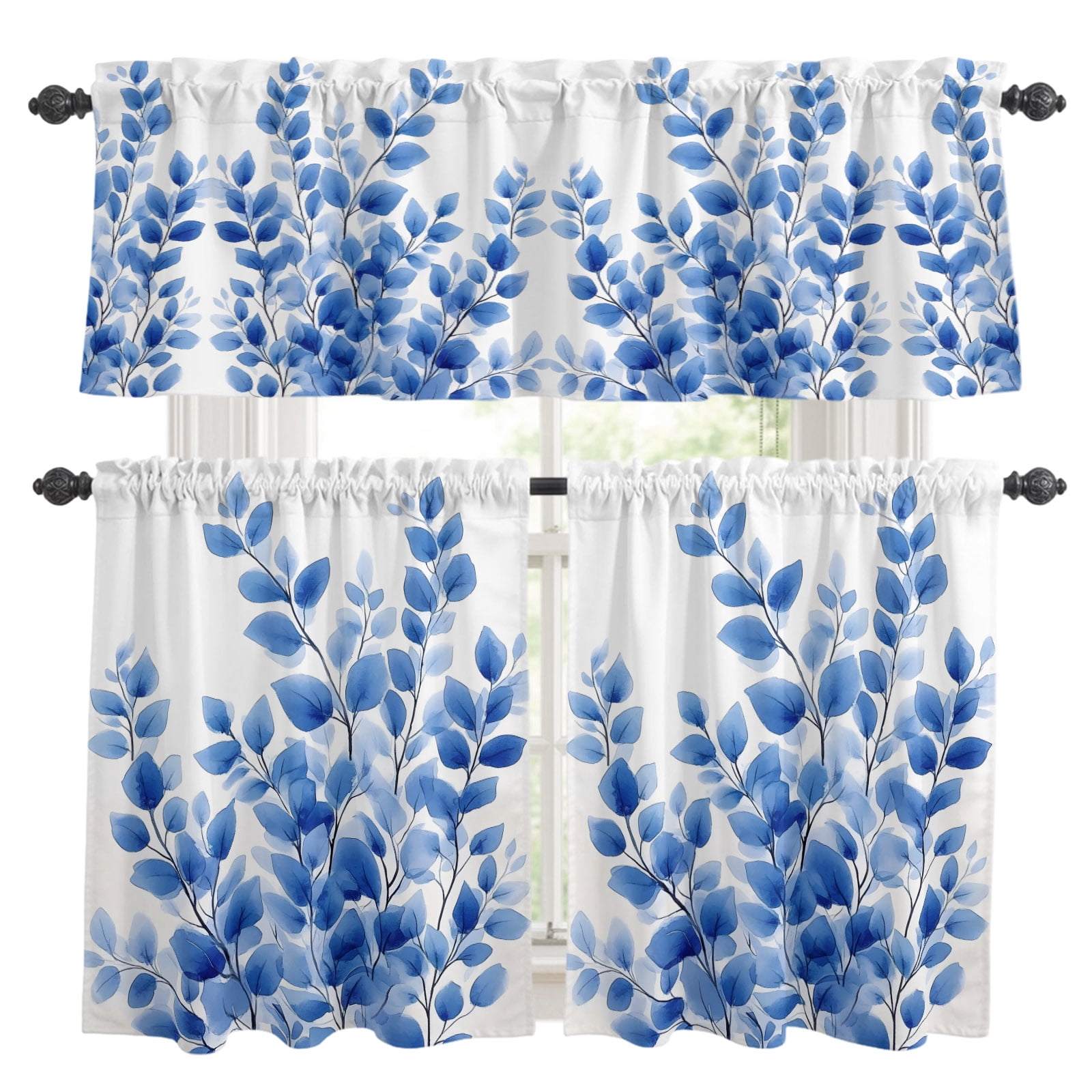 Blue Leaf Kitchen Curtains Set for Windows, Spring Vintage Watercolor ...
