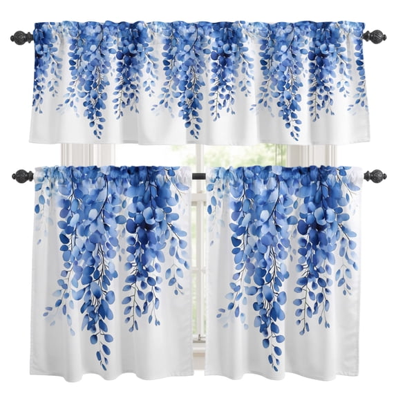 Blue Leaf Kitchen Curtains Set for Windows, Spring Watercolor ...