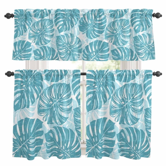 Blue Leaf Kitchen Curtains Set for Windows, Tropical Country Watercolor ...