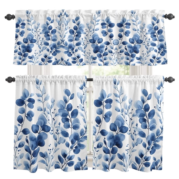 Blue Leaf Kitchen Curtains Valance and Tier Set Spring Vintage Blue ...