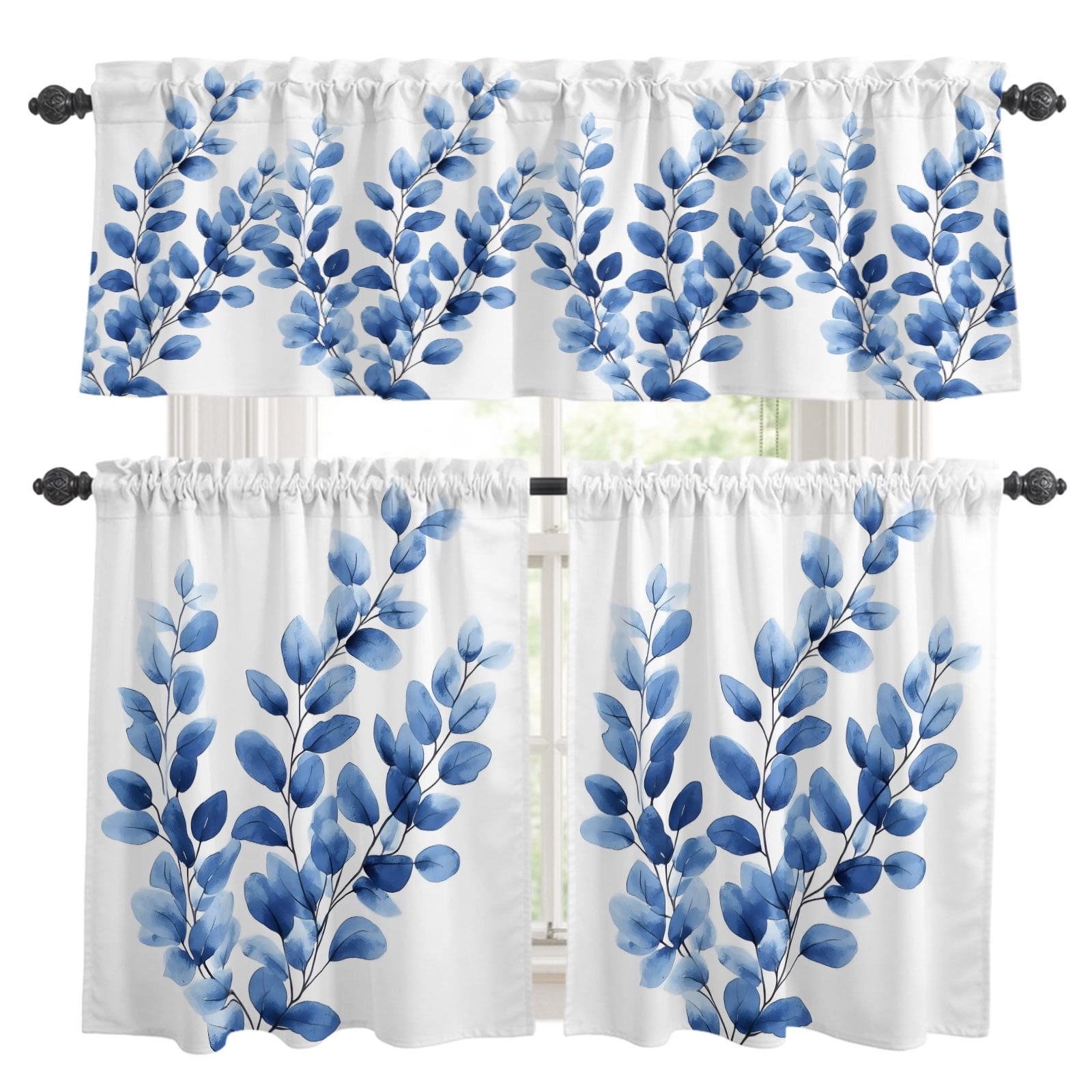 Blue Leaf Kitchen Curtains Valance and Tier Set Spring Vintage Blue ...