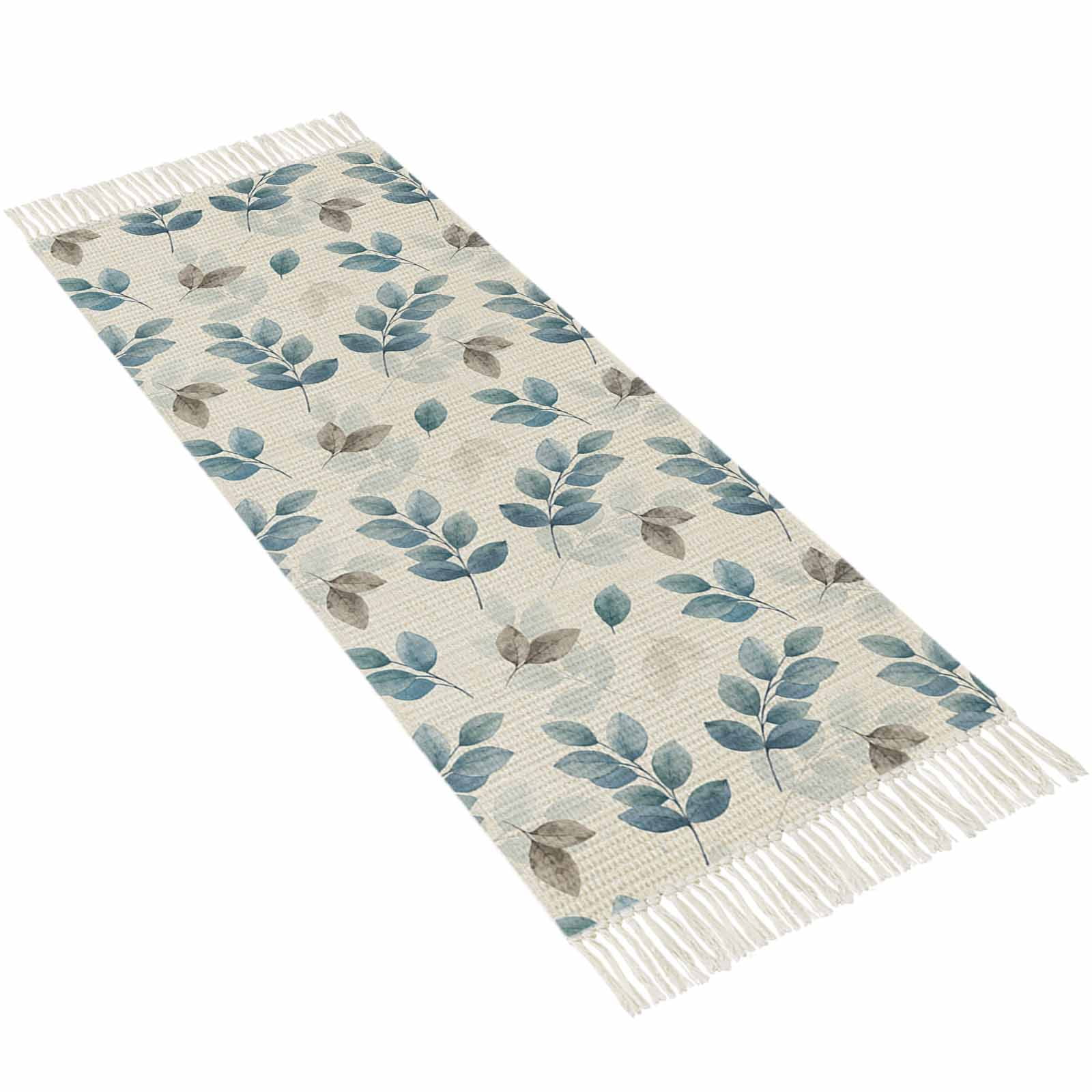 Blue Leaf Kitchen Runner Rug 2x6 Bedside Rug with Tassel Cotton Woven ...