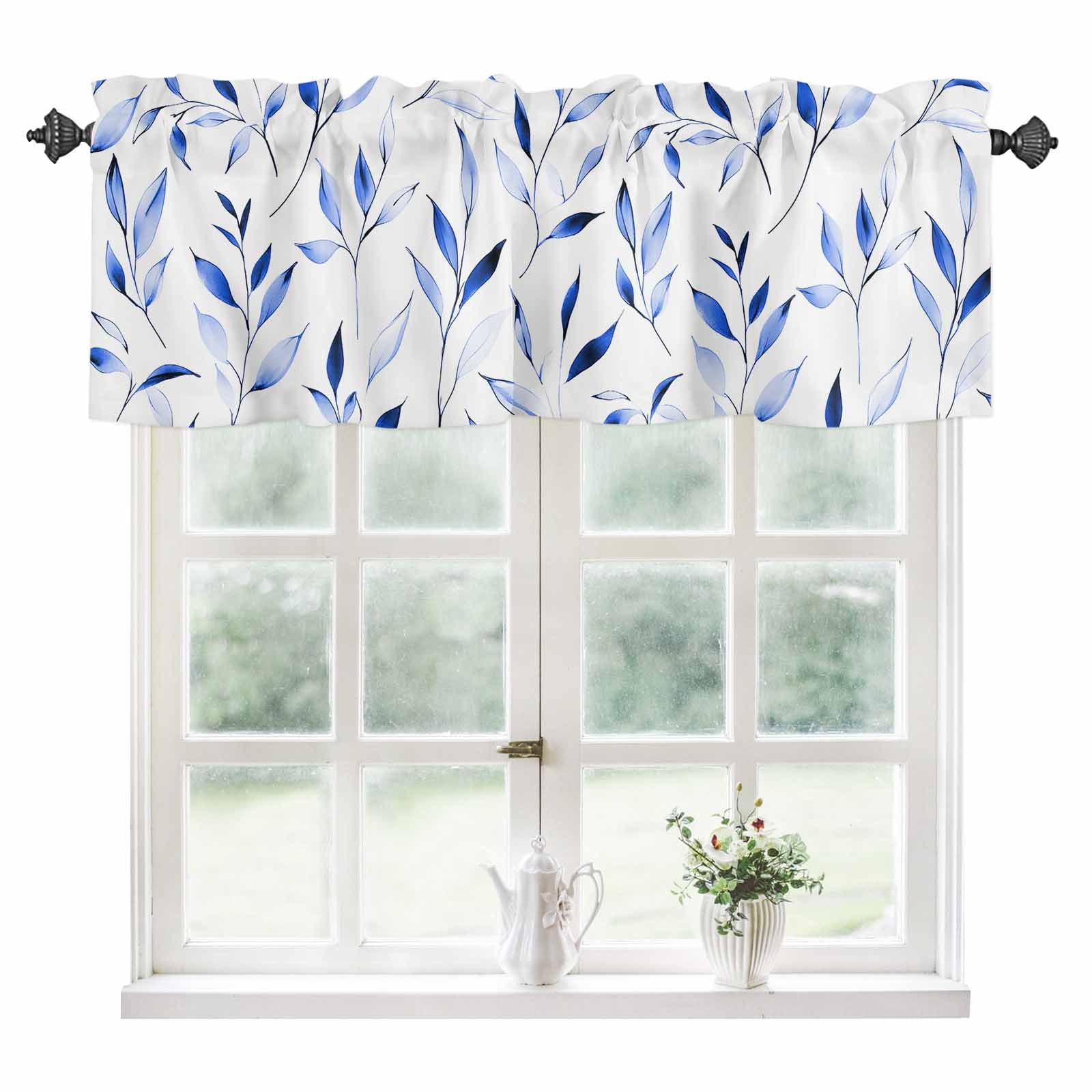 Blue Leaf Kitchen Valances for Windows 42x12 Inch Kitchen Curtains ...