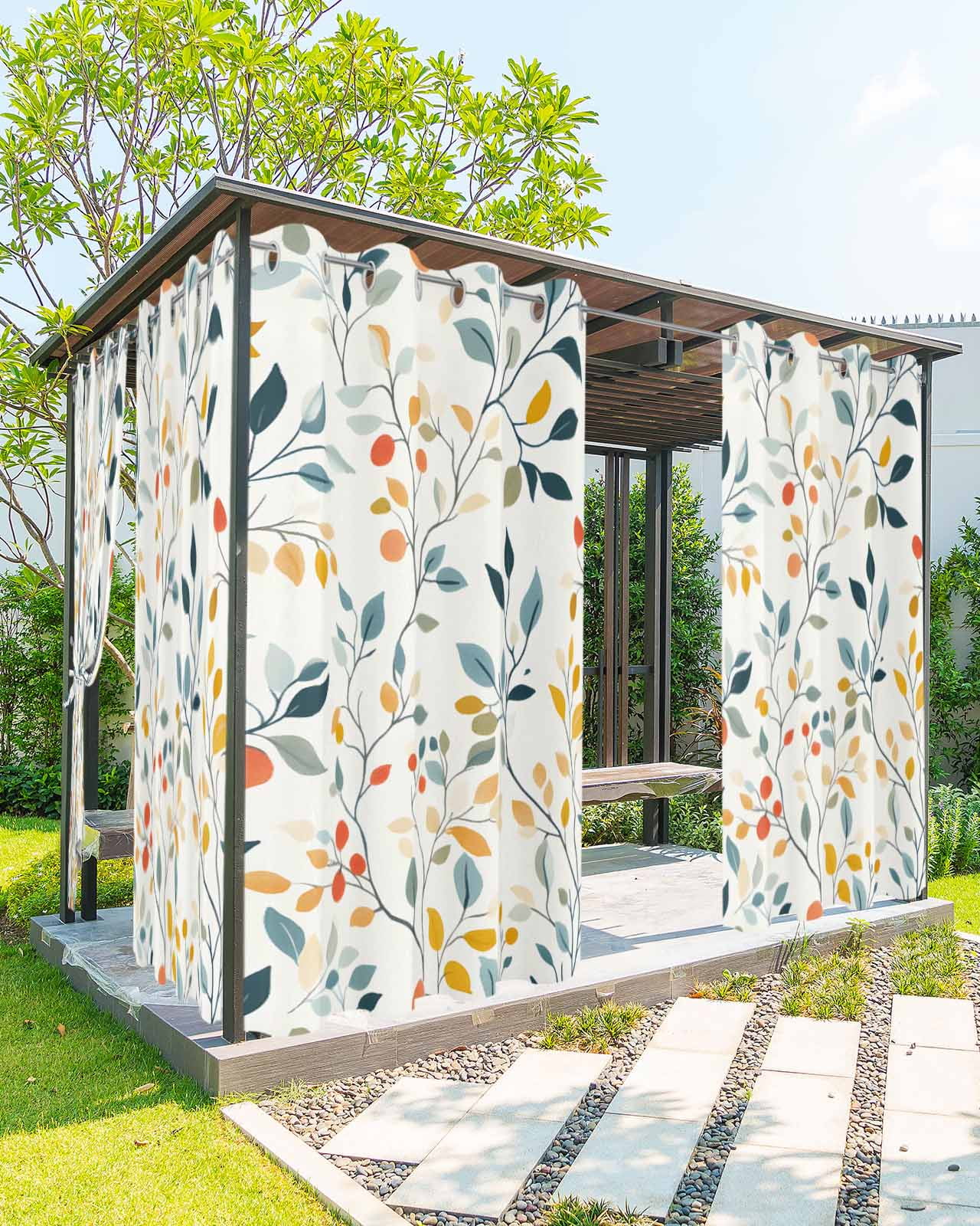 Blue Leaf Outdoor Curtains for Patio, Colorful Leaves Pastoral Plant ...