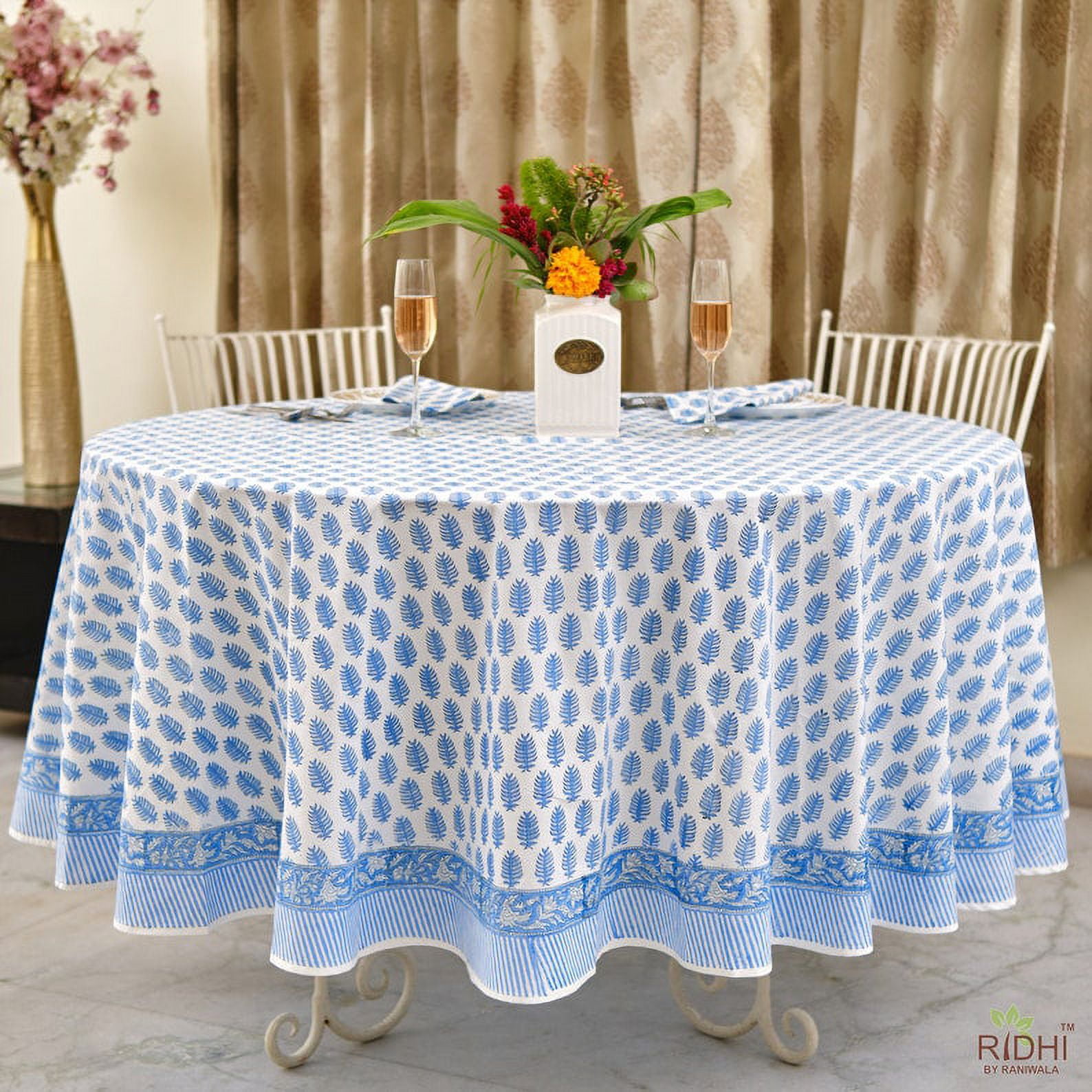 Blue Leaf Print Round Tablecloth, Table Linen, Border all Around ...