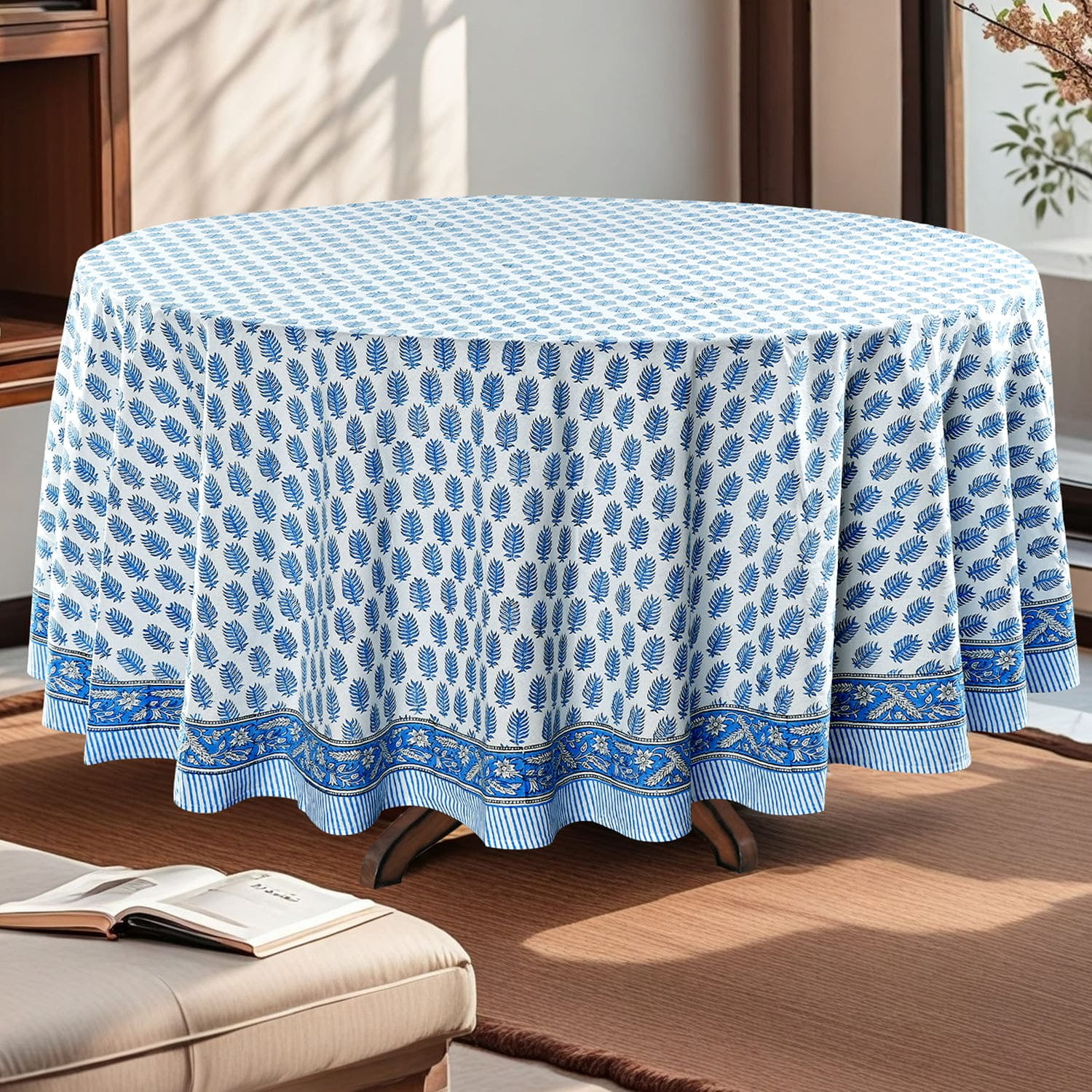 Ridhi Blue Leaf Print Round Tablecloth, Table Linen, Border All Around ...