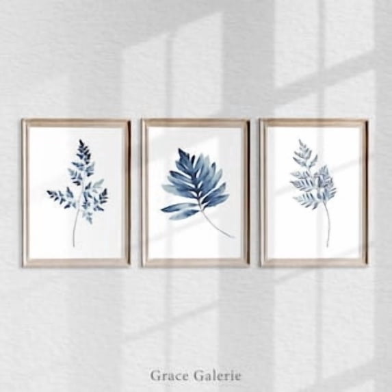 Blue Leaf Prints, Watercolor Botanical Art, Minimalist, Set of 3 ...