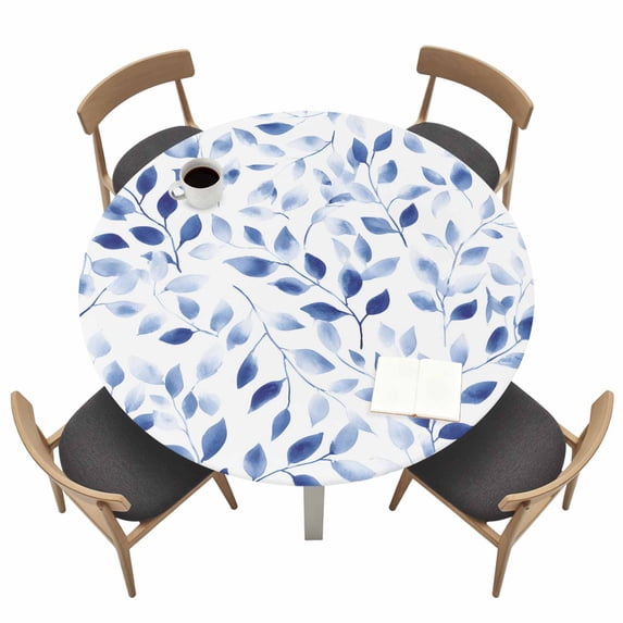 Blue Leaf Round Fitted Tablecloth with Elastic Edge Gradient Abstract ...