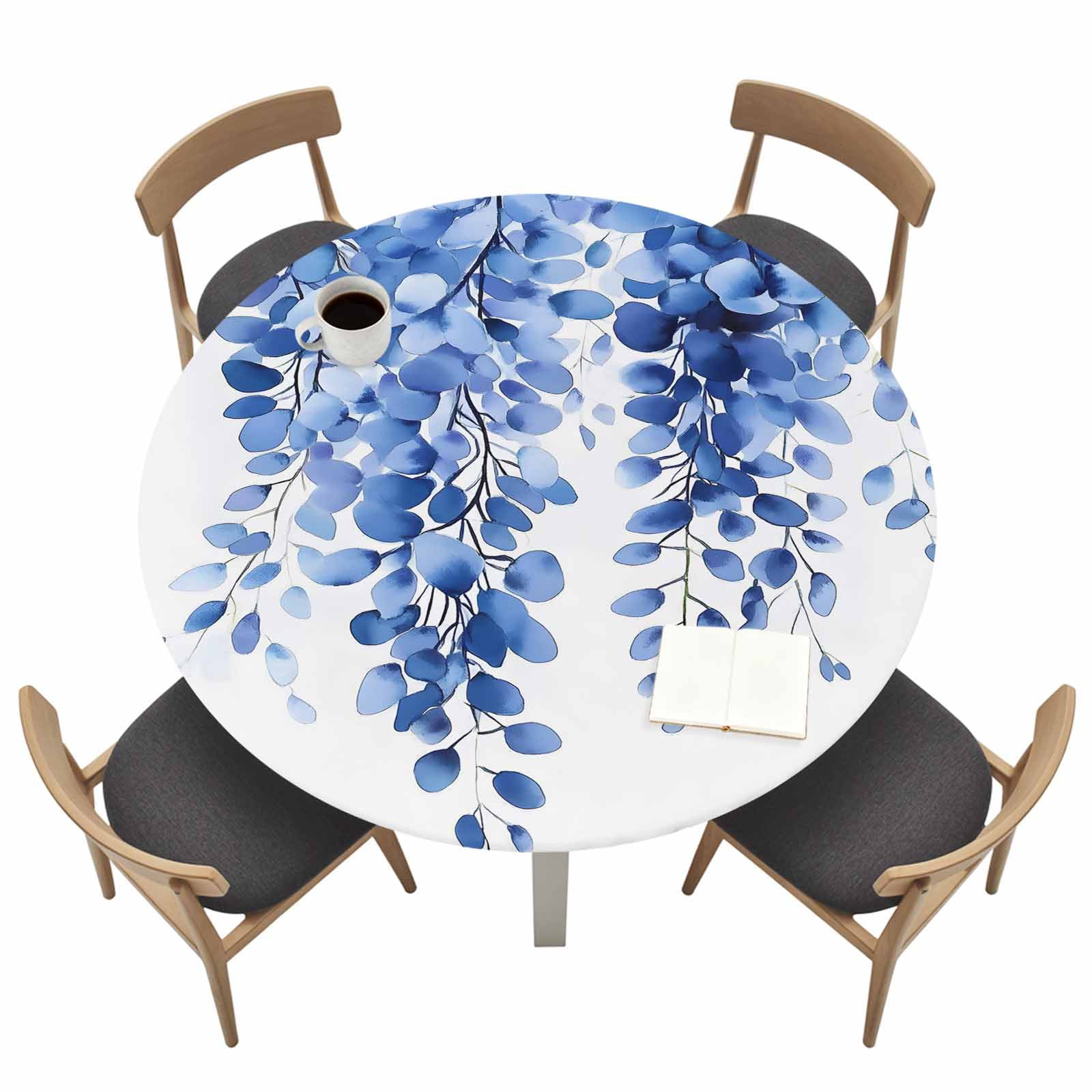 Blue Leaf Round Fitted Tablecloth with Elastic Edge Spring Watercolor ...