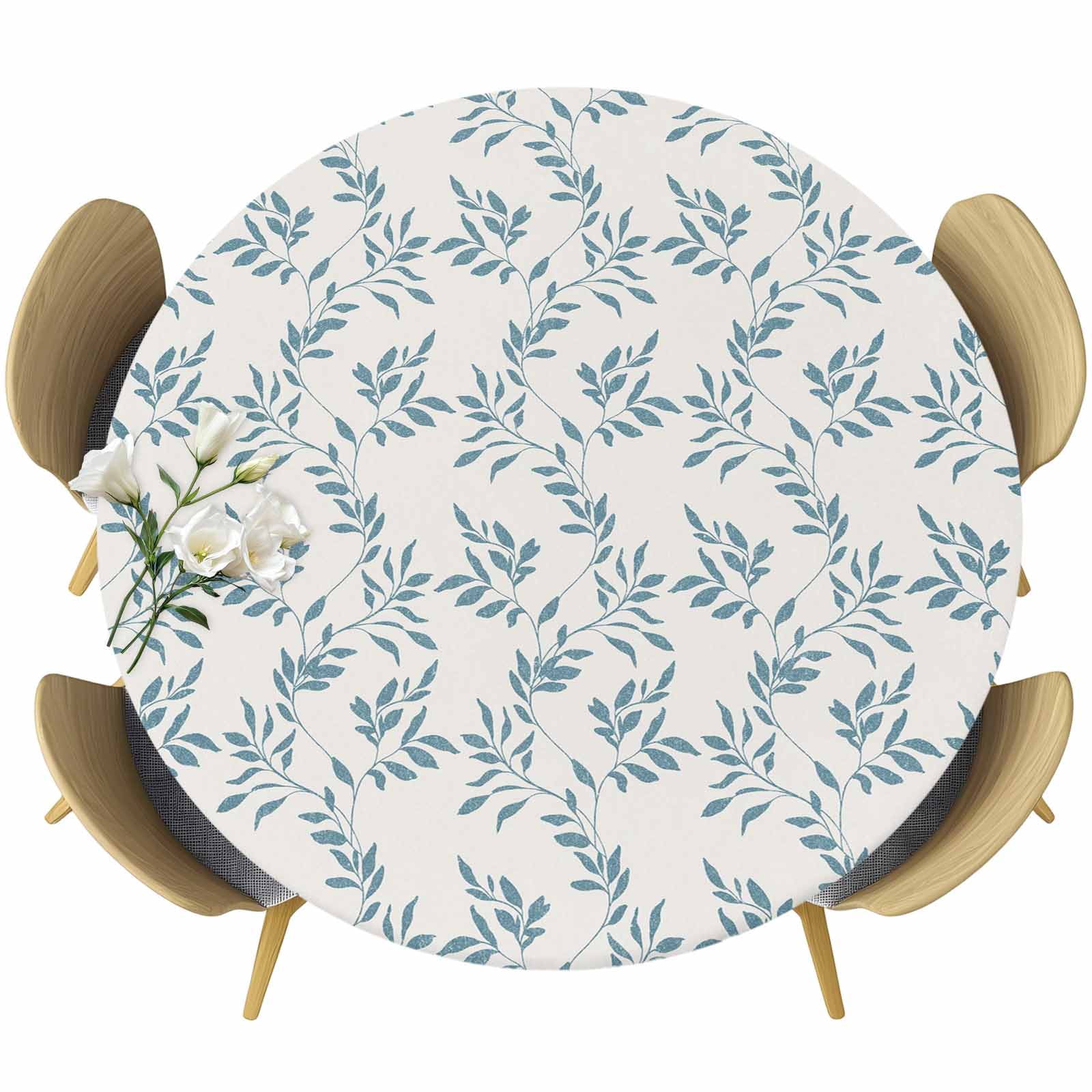 Blue Leaf Round Fitted Tablecloth with Elastic Edge, Vintage Farmhouse ...