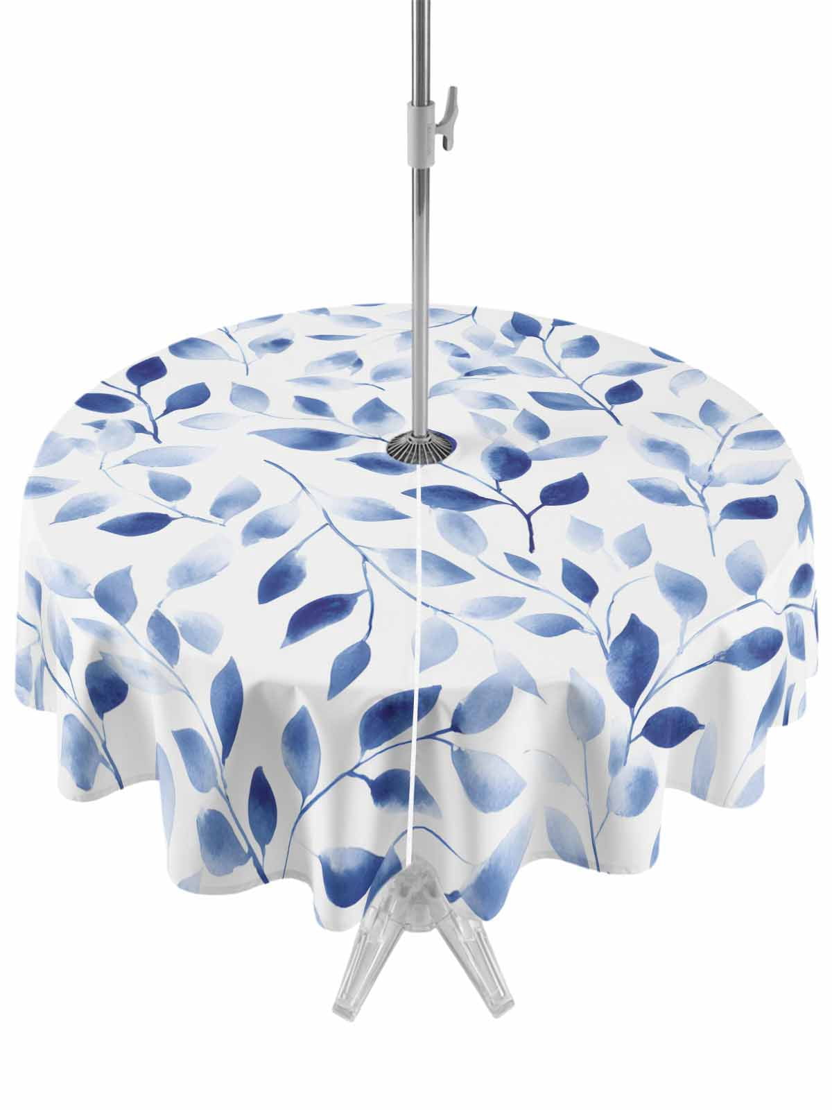 Blue Leaf Round Outdoor Tablecloth with Umbrella Hole Gradient Abstract ...