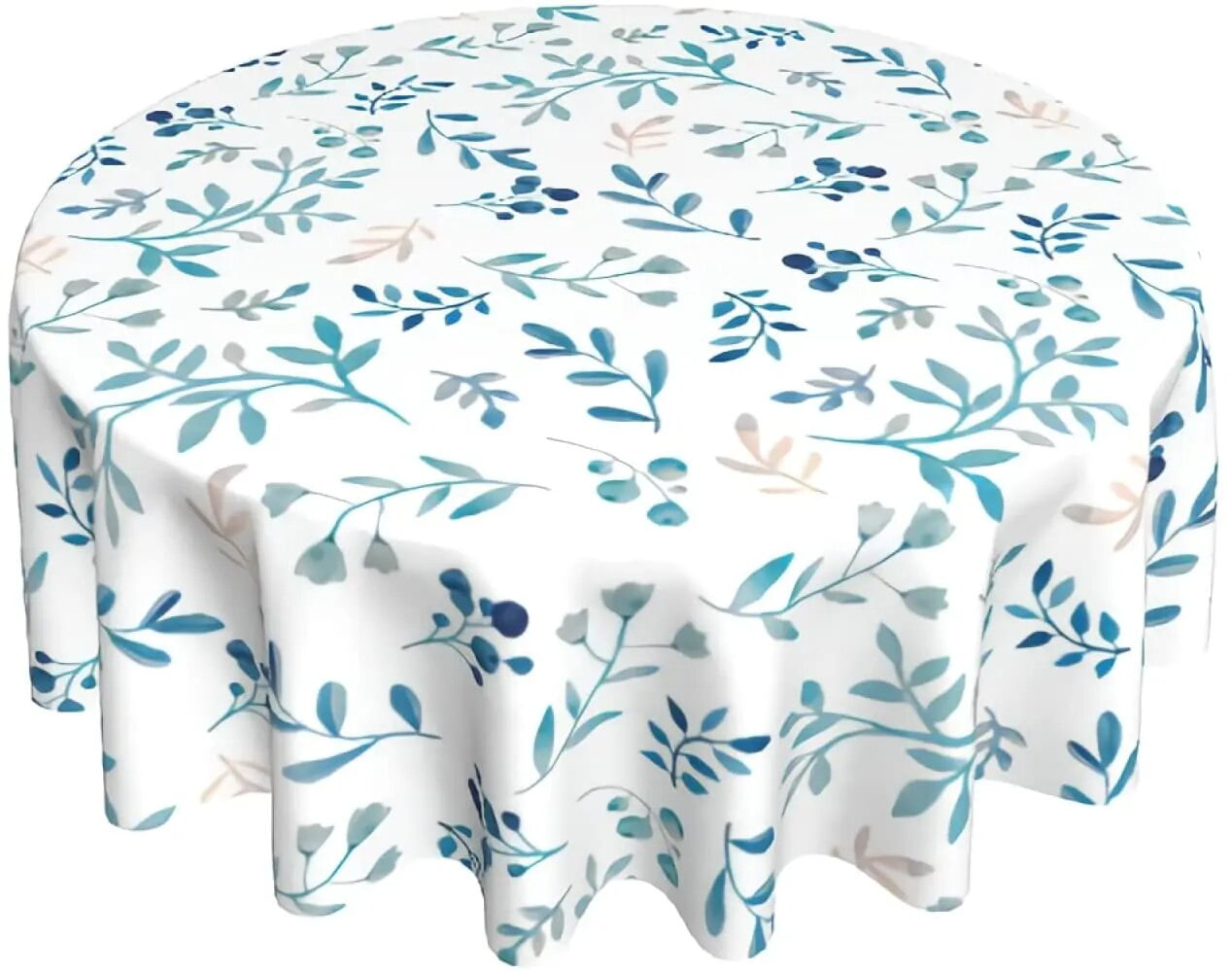Blue Leaf Round Table Cloth 60 in Abstract Cute Green Leaves Washable ...