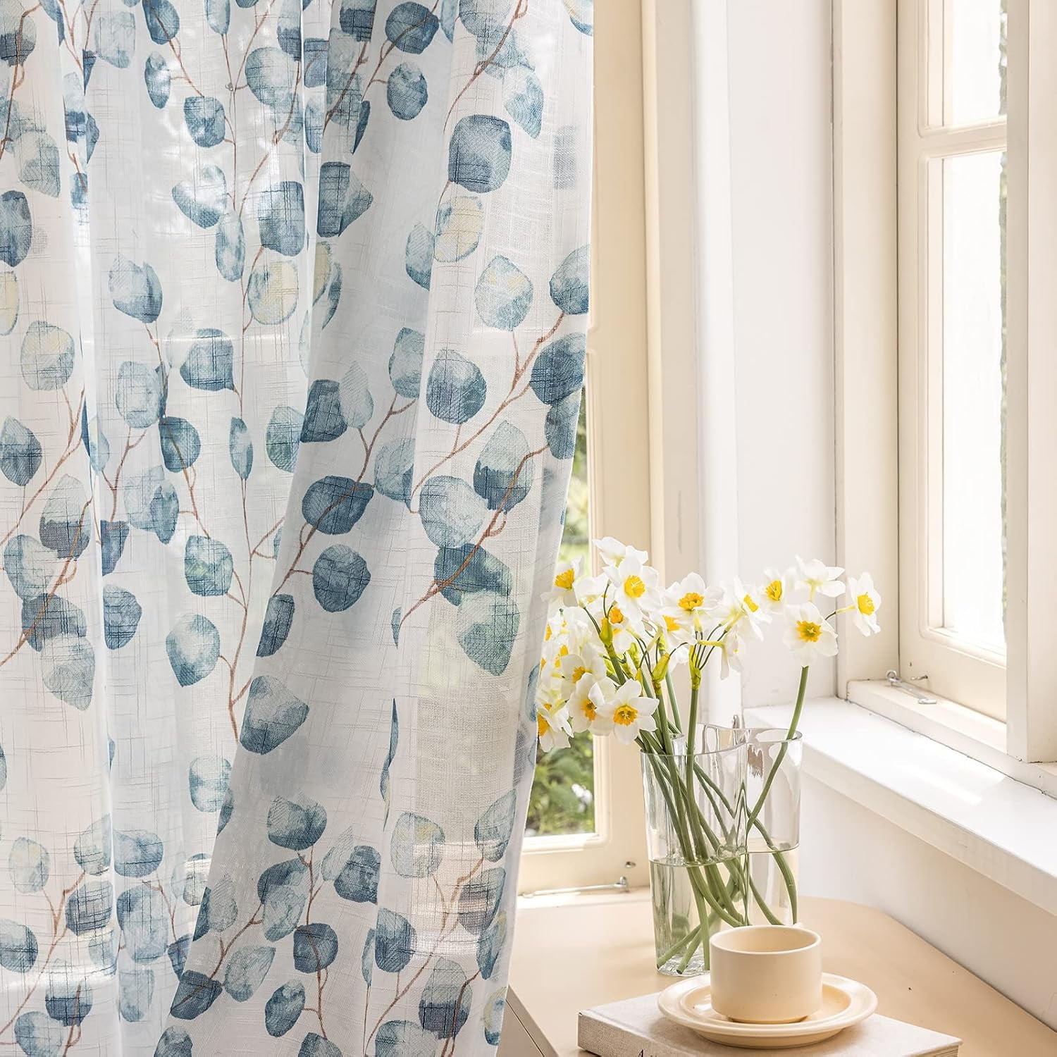 Blue Leaf Semi Sheer White Curtains for Bedroom Dining Living Room ...