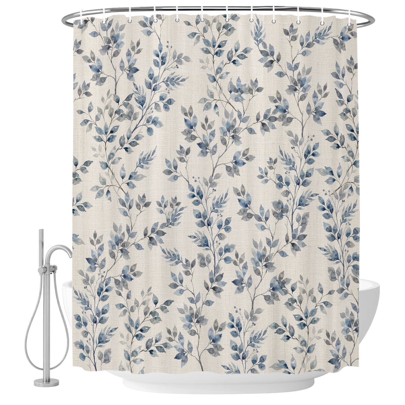 Blue Leaf Shower Curtain for Bathroom, Vintage Gray Floral Vine Rustic ...