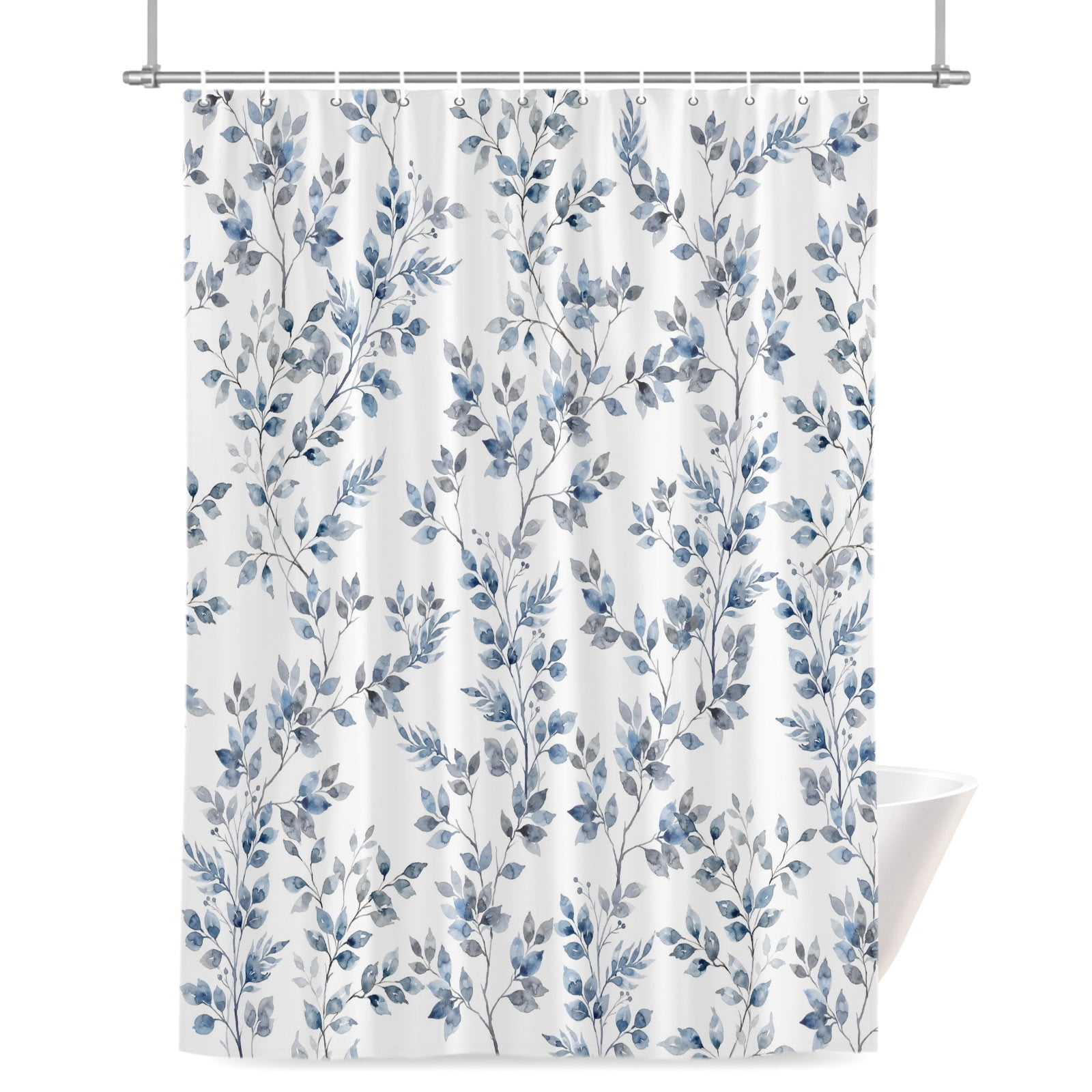 Blue Leaf Shower Curtains for Bathroom, Vintage Gray Floral Vine Branch ...