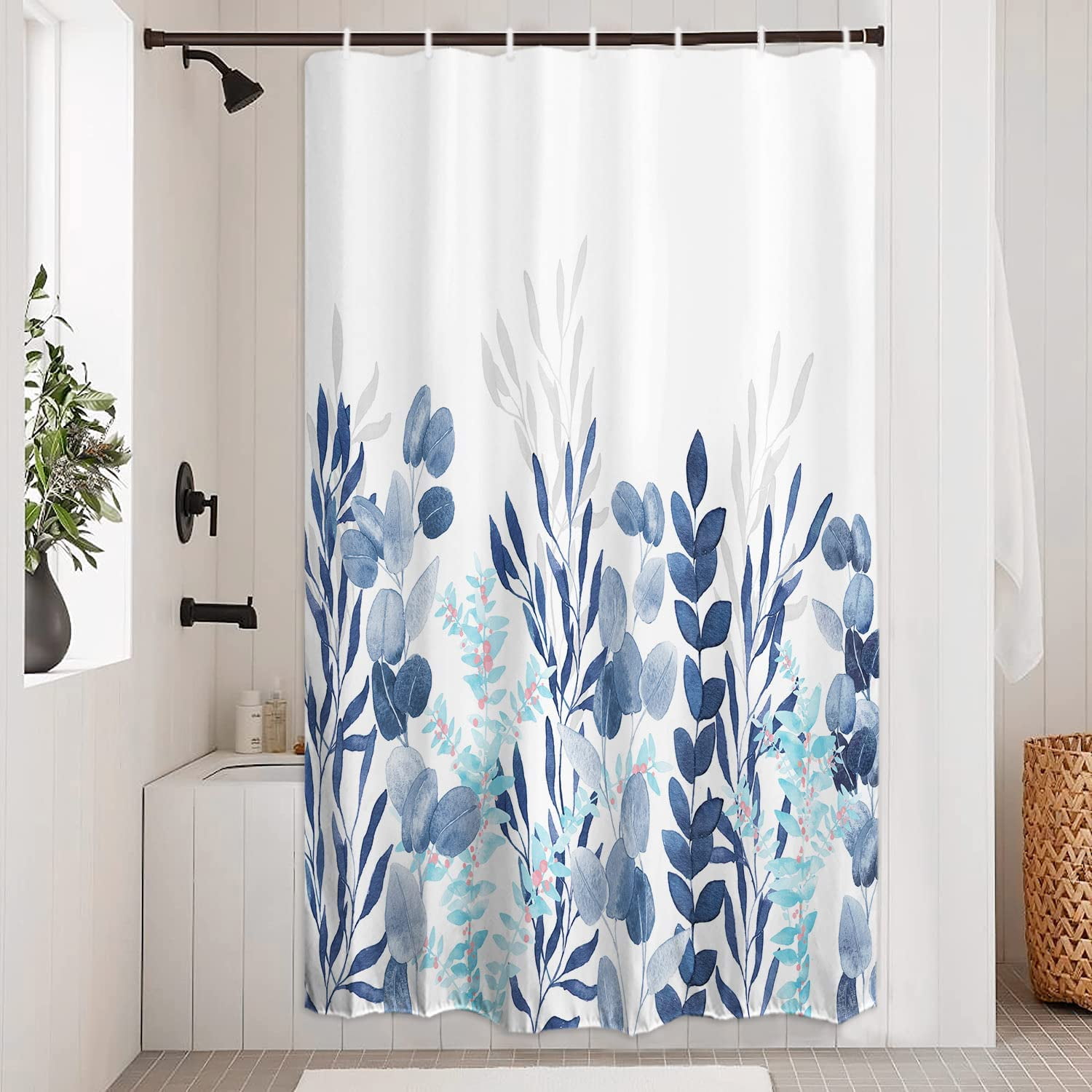 Blue Leaf Stall Shower Curtain 36W x 72L Inches Botanical Plant Leaves ...