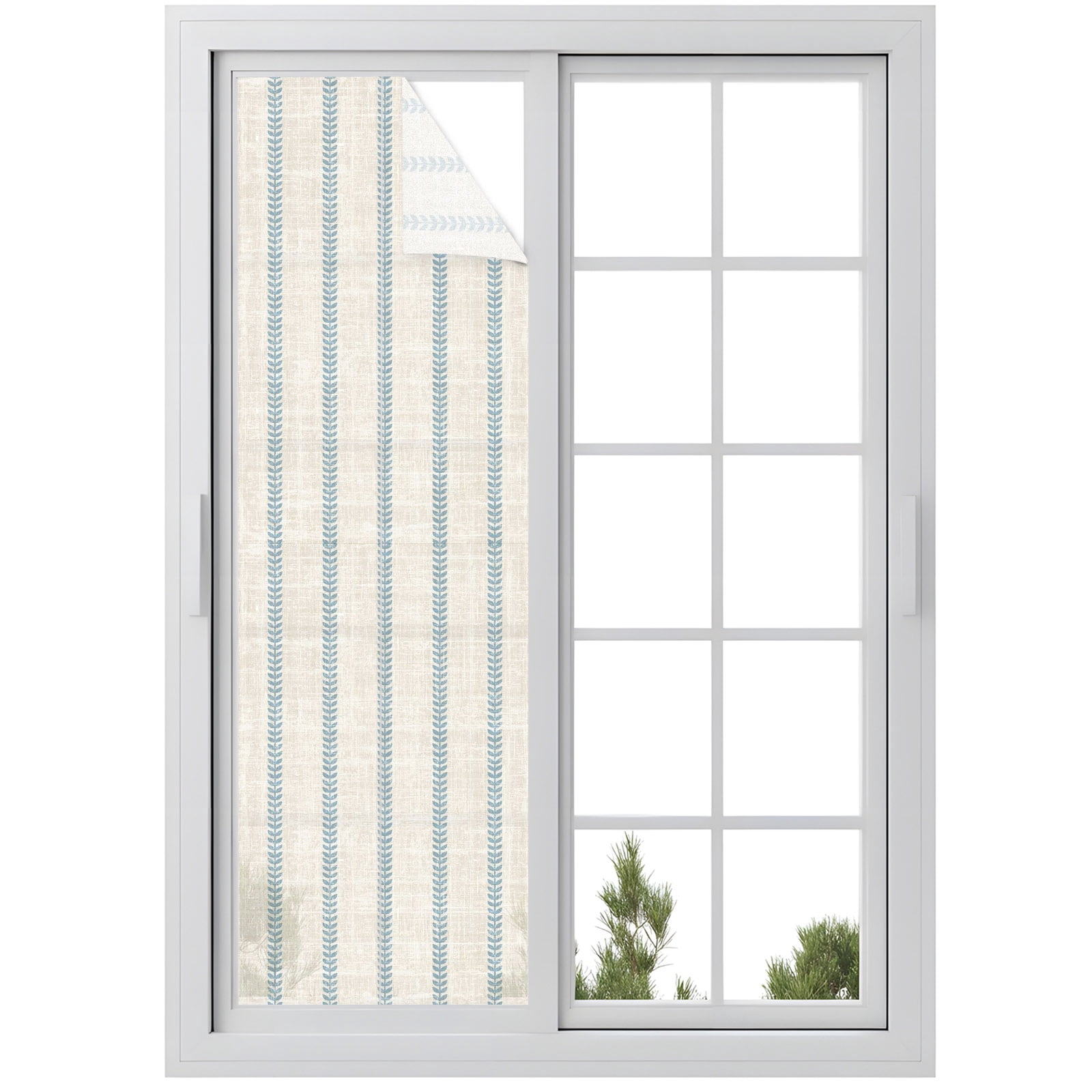 Blue Leaf Stripe Window Privacy Film, Country Vintage Beige Minimalist ...