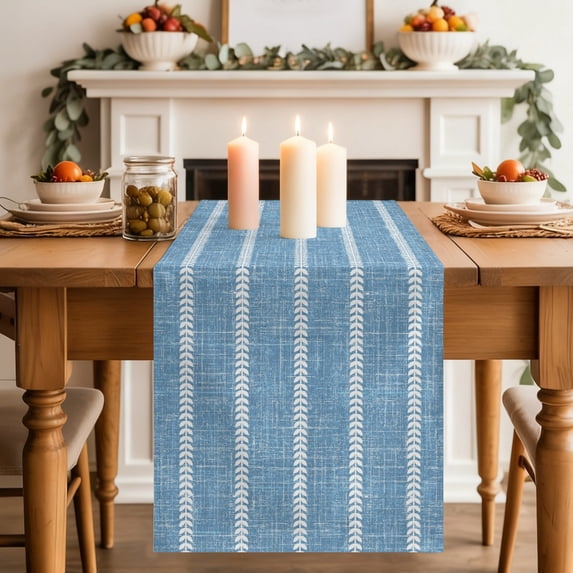 Blue Leaf Striped Dining Table Runner, Coastal French Blue Linen ...