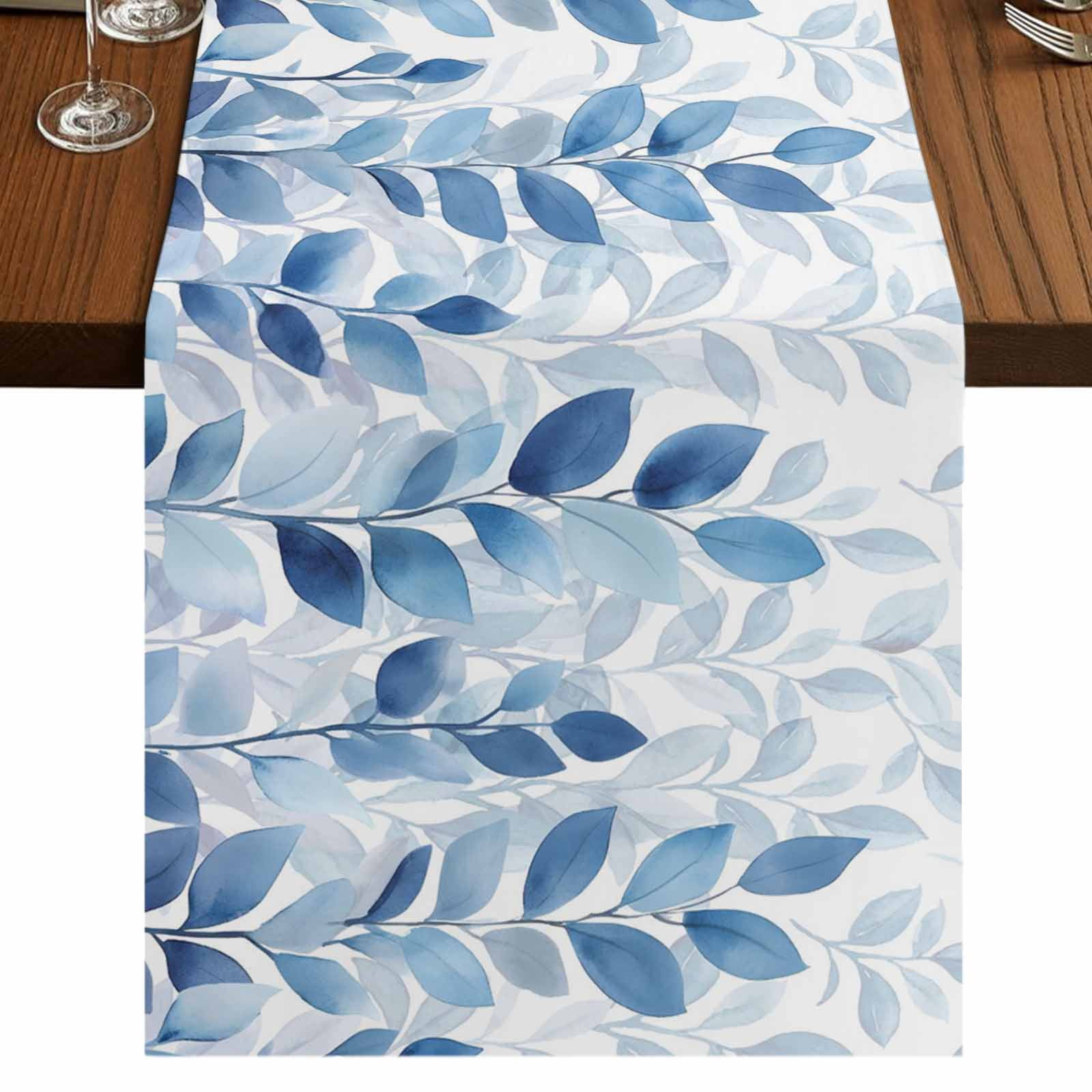 Blue Leaf Table Runner 108 Inches Long,Watercolor Country Plant ...