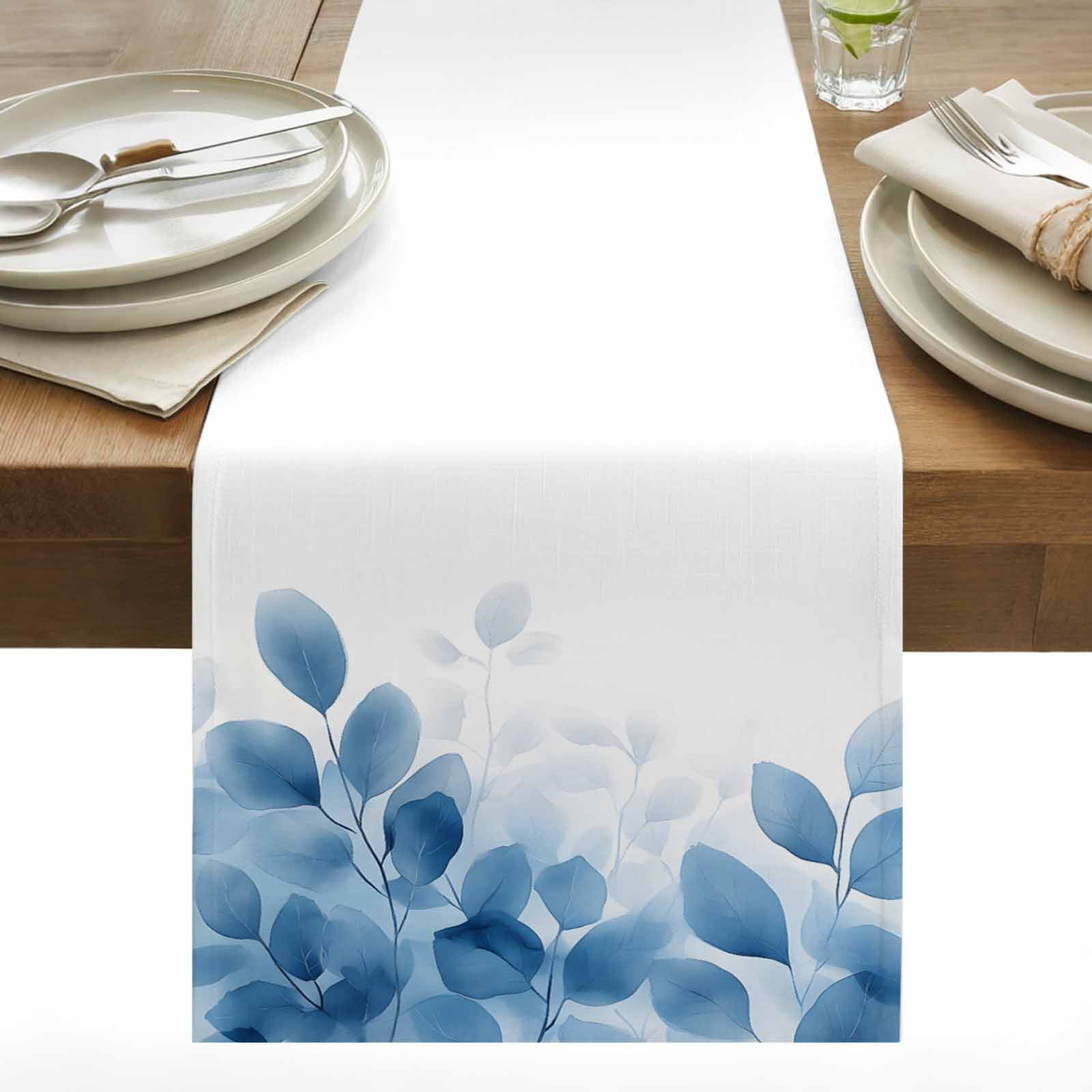 Blue Leaf Table Runner 13x90 inch Watercolor Eucalyptus Leaves Cotton ...