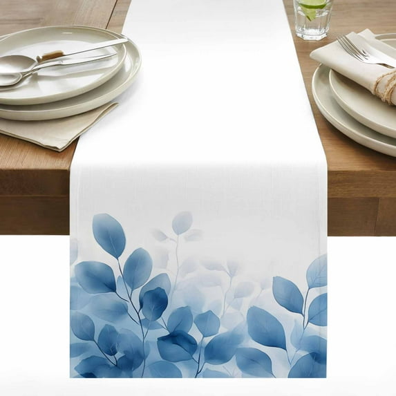 Blue Leaf Table Runner 13x90 inch Watercolor Eucalyptus Leaves Cotton ...