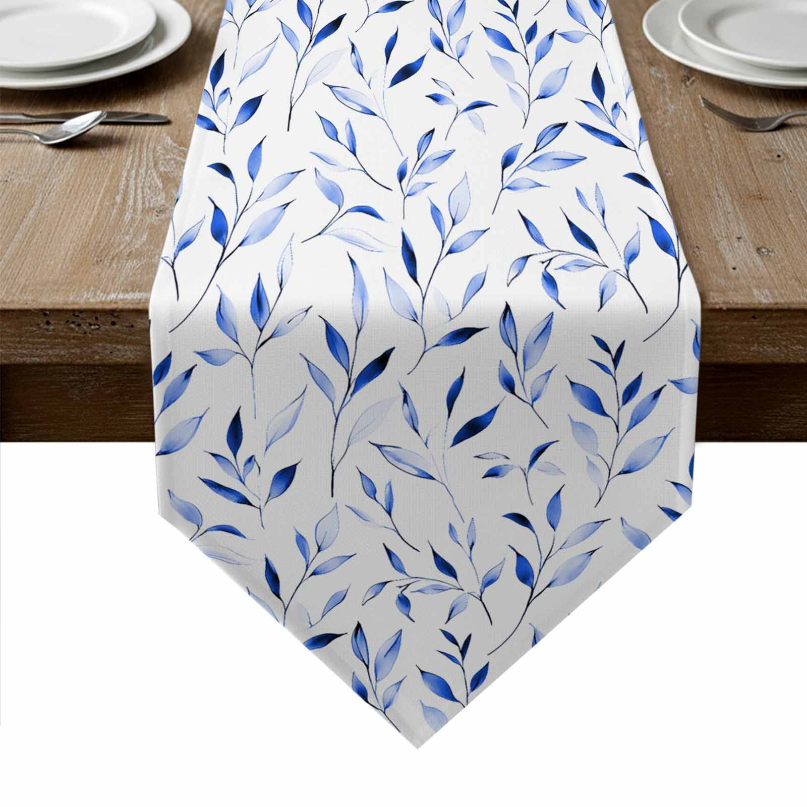 Blue Leaf Table Runner Linen Burlap Table Runner 60 Inches Long Modern ...