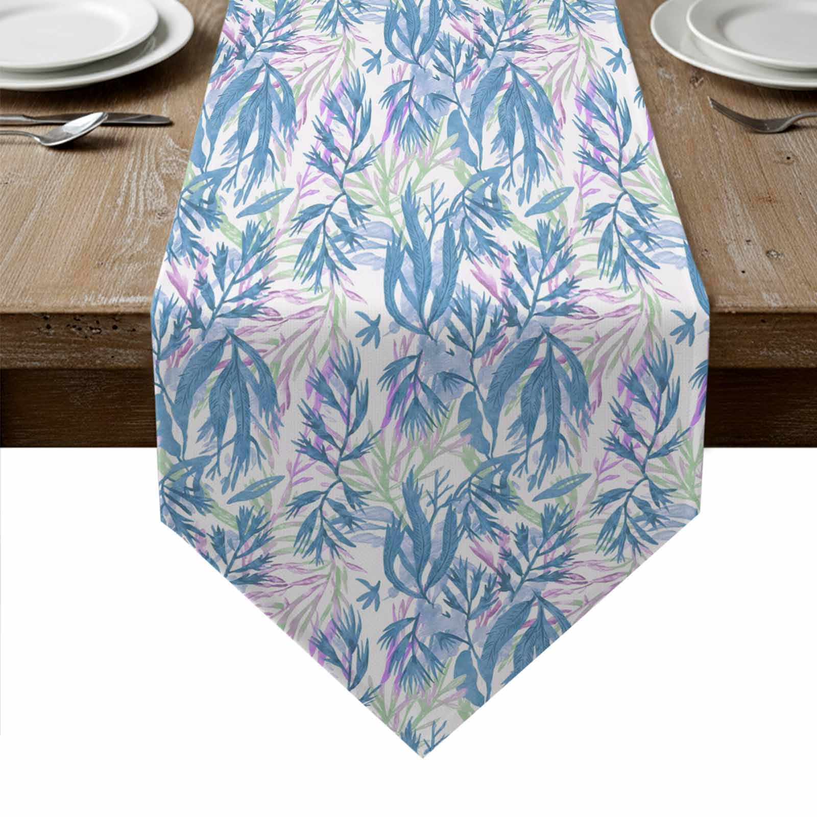 Blue Leaf Table Runner Linen Burlap Table Runner 60 Inches Long Ocean ...