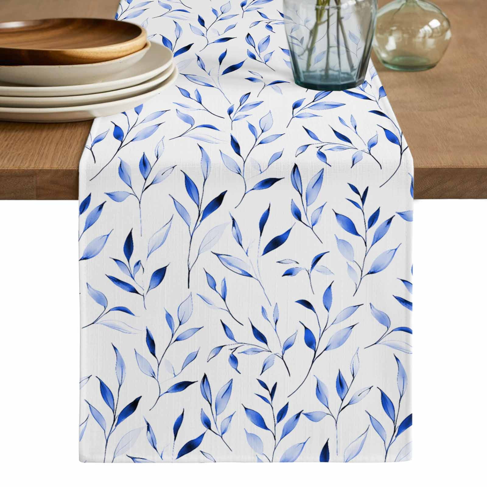 Blue Leaf Table Runner, Modern Botanical Foliage Plant Country Flower ...