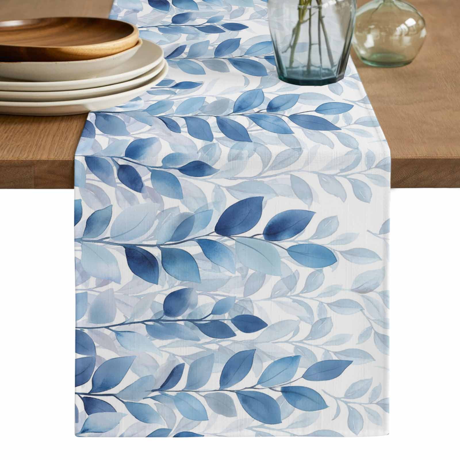 Blue Leaf Table Runner, Watercolor Country Plant Monochrome Branch ...