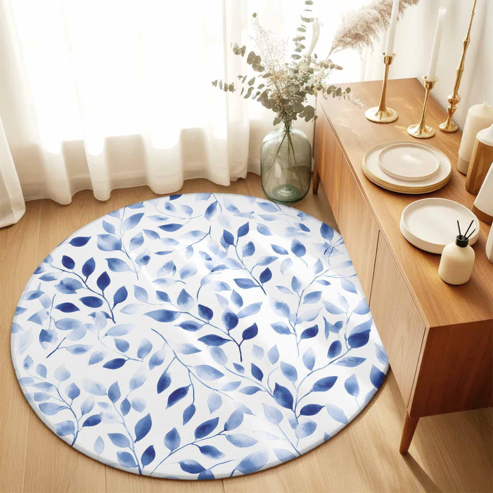 Blue Leaf Texture Round Rug 3ft Abstract Plants Art Washable Area Rugs ...