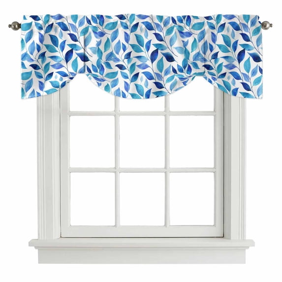 Blue Leaf Tie Up Valance for Windows, Watercolors Leaf Spring Plant ...