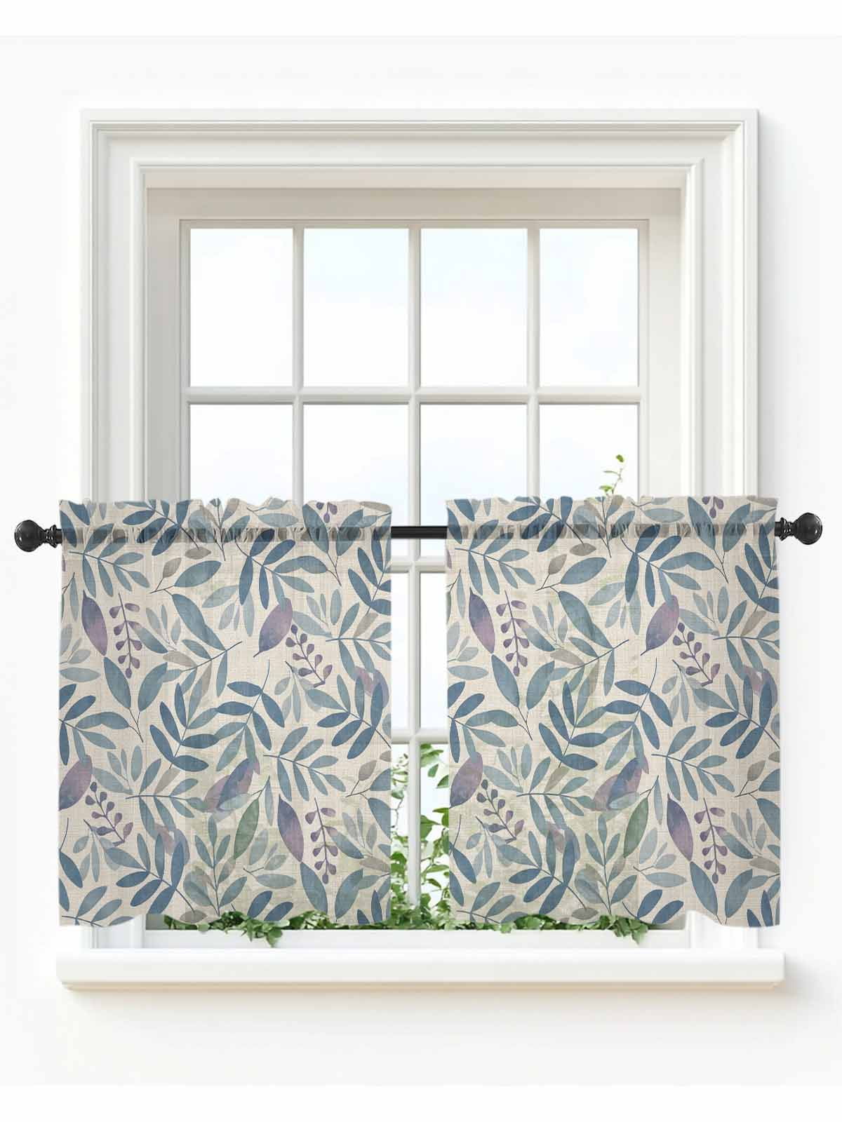 Blue Leaf Tier Curtains 24 Inch Length,Sheer Curtains for Bedroom ...