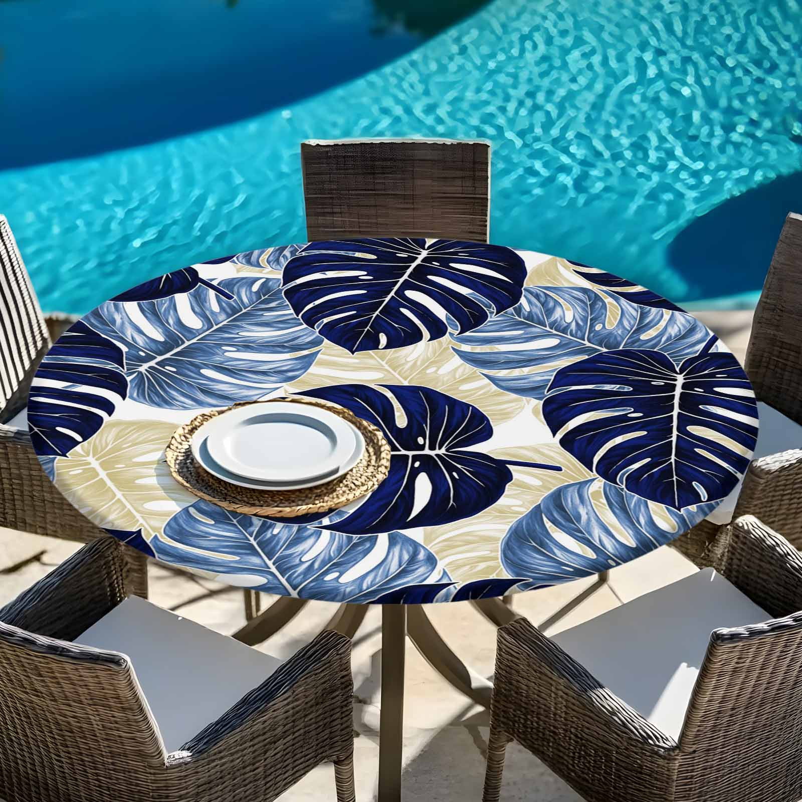 Blue Leaf Tropical Palm Leaves Round Fitted Tablecloth with Elastic ...