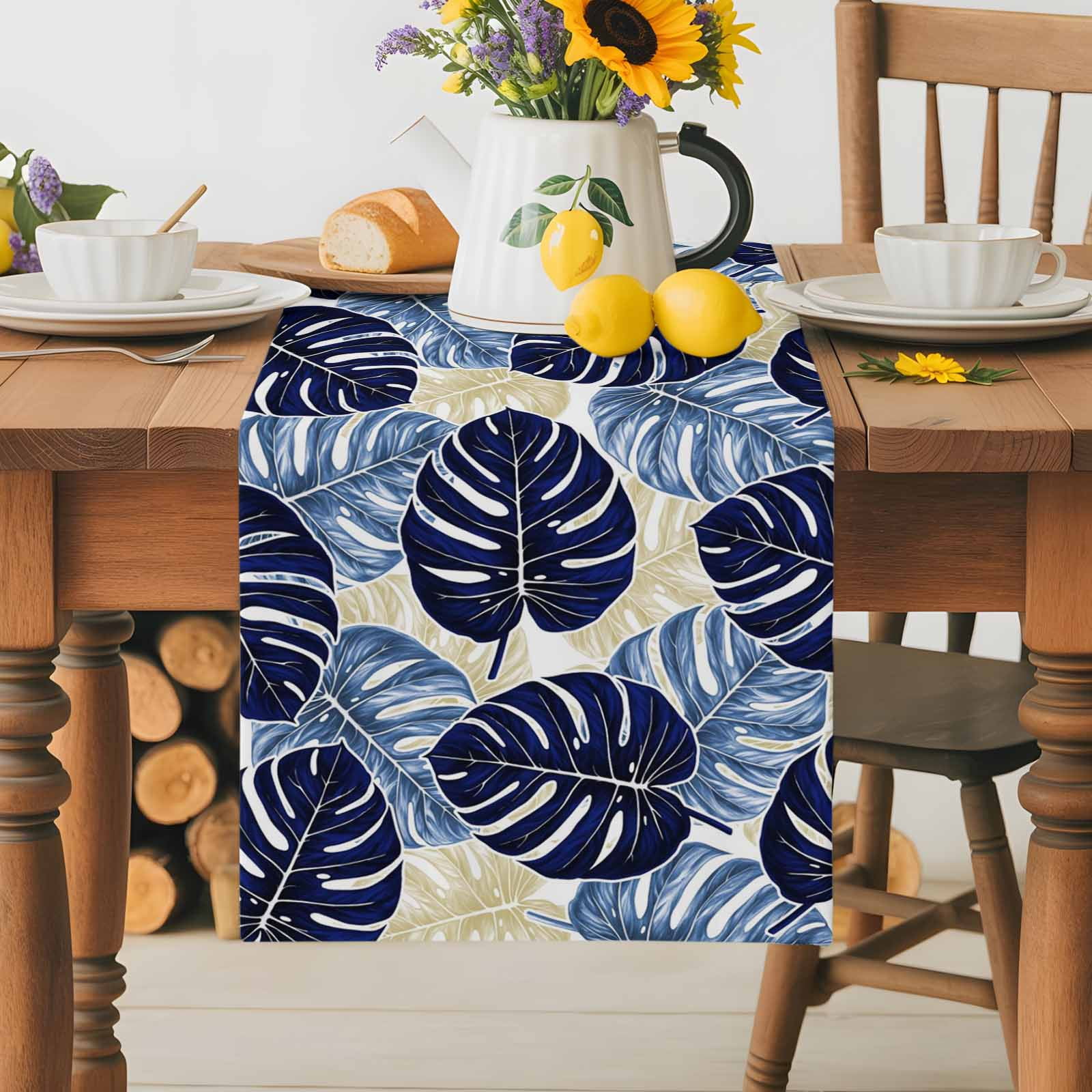 Blue Leaf Tropical Palm Leaves Table Runners 13x36 Inches Long Linen ...