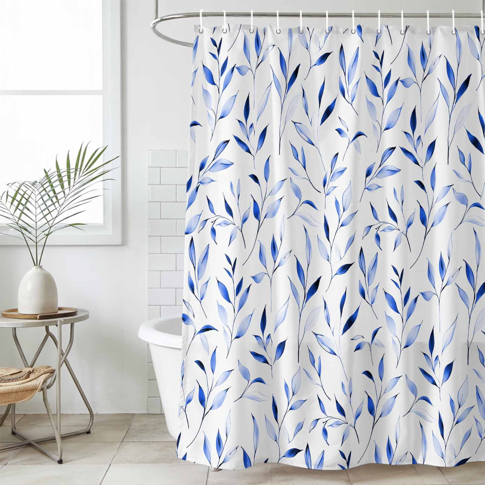 Blue Leaf Waterproof Fabric Shower Curtain,Modern Botanical Foliage ...