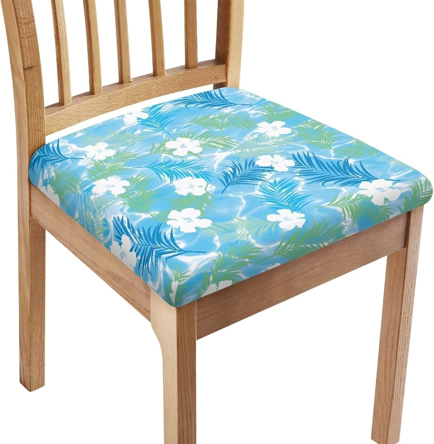 Blue Leaf White Flower Square Chair Cushion Cover for Dining Office Stain Resistant Chair Seat ...
