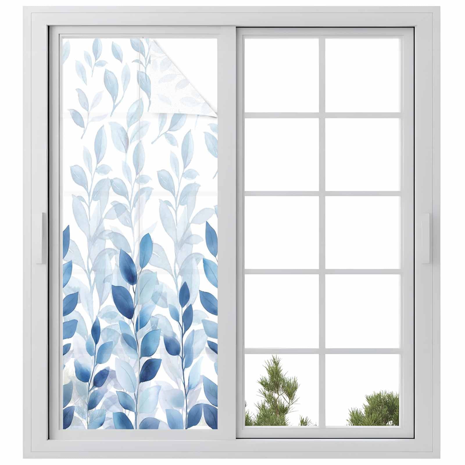 Blue Leaf Window Privacy Film, Watercolor Country Plant Monochrome ...